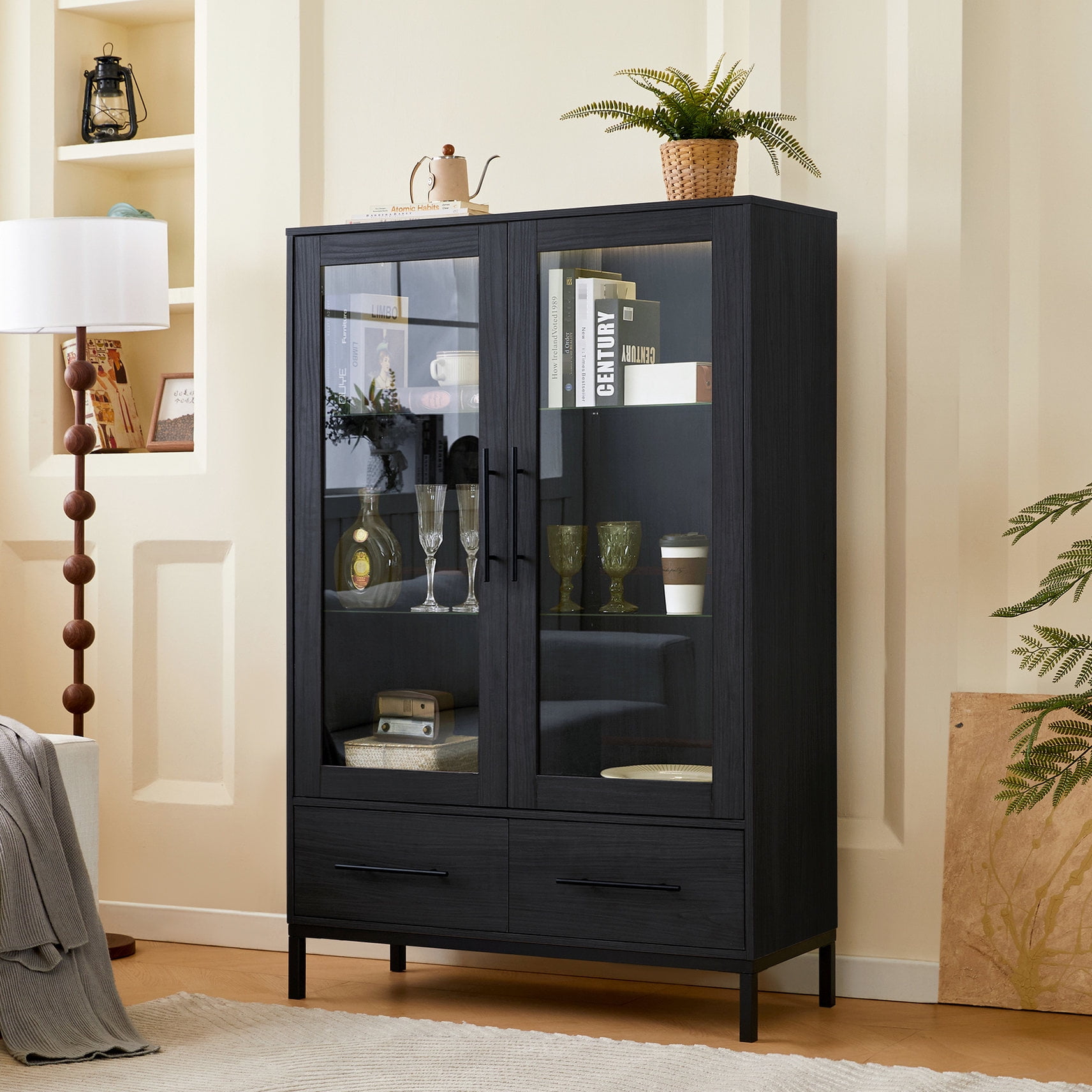 60'' Display Cabinet with LED and Two Spacious Drawers / Modern Storage ...