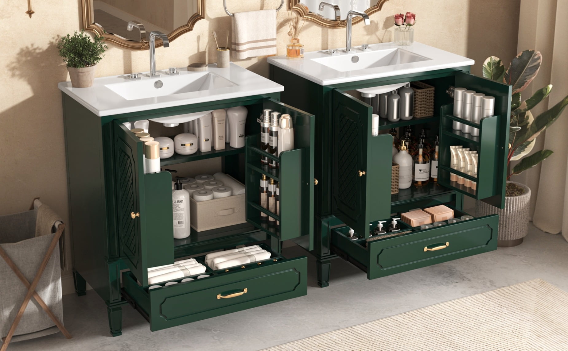60" Double Sink Bathroom Vanity Set with Solid Wood Frame & Ceramic Sinks, 2 Soft-Close Cabinets ...