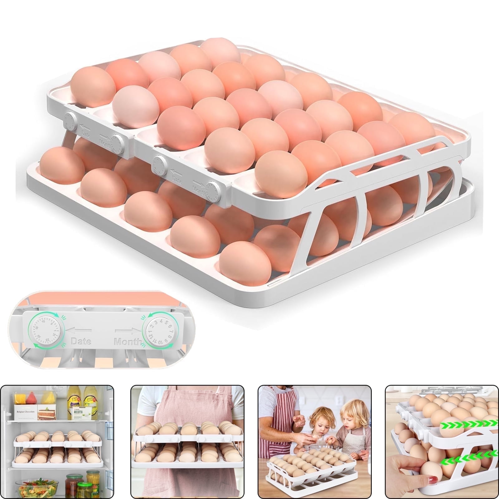 60 Eggs Egg Dispenser for Refrigerator, 2-Tier 5 Rows Auto Rolling Egg ...