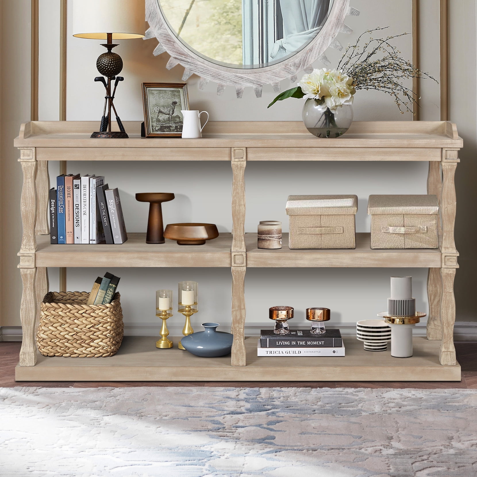60" Elegant Slide Table With 3-Tier Storage Shelf and Covered Edges ...