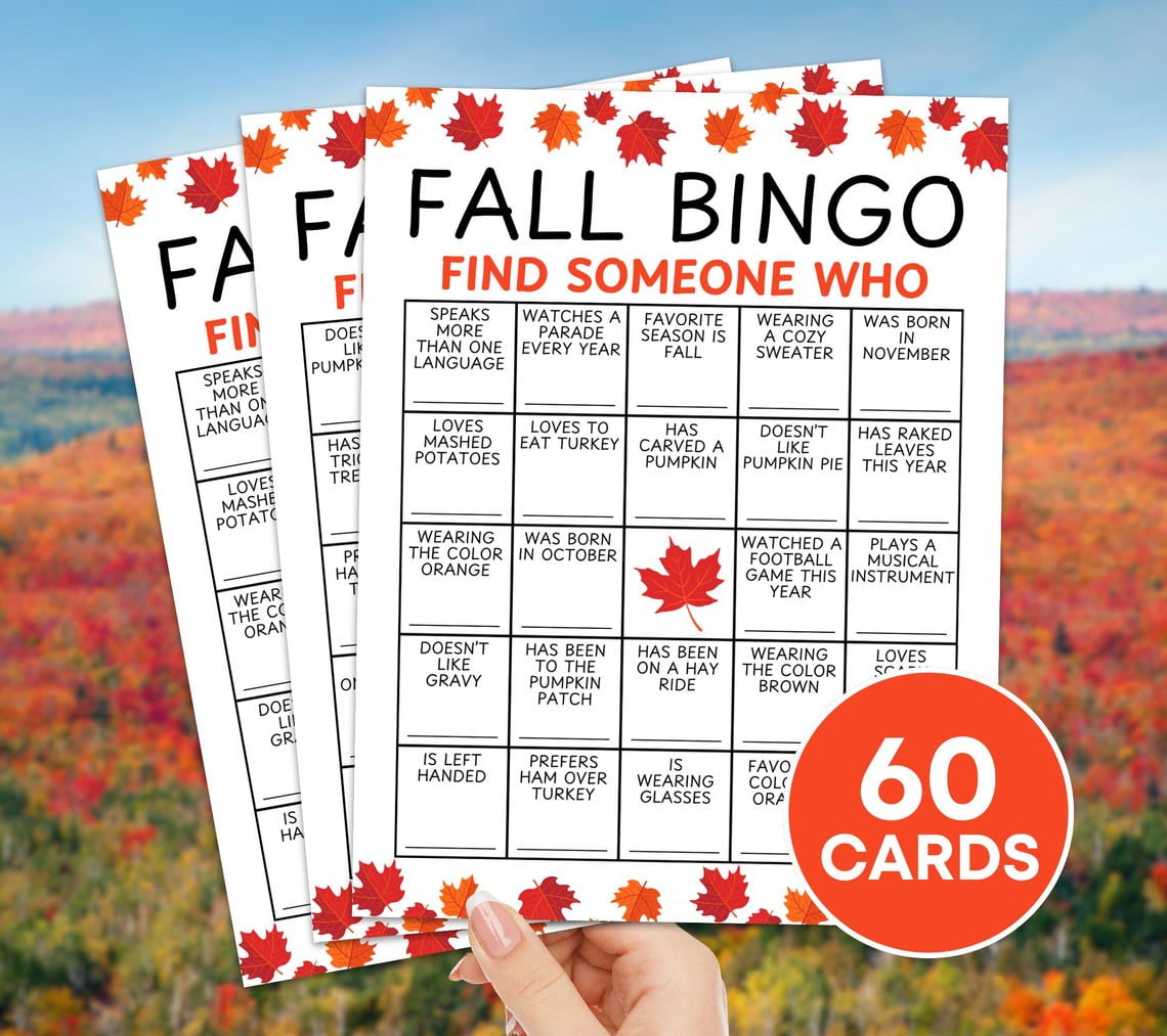 60 Fall Mingle Bingo Cards Printable Game, Autumn Find Someone Who ...