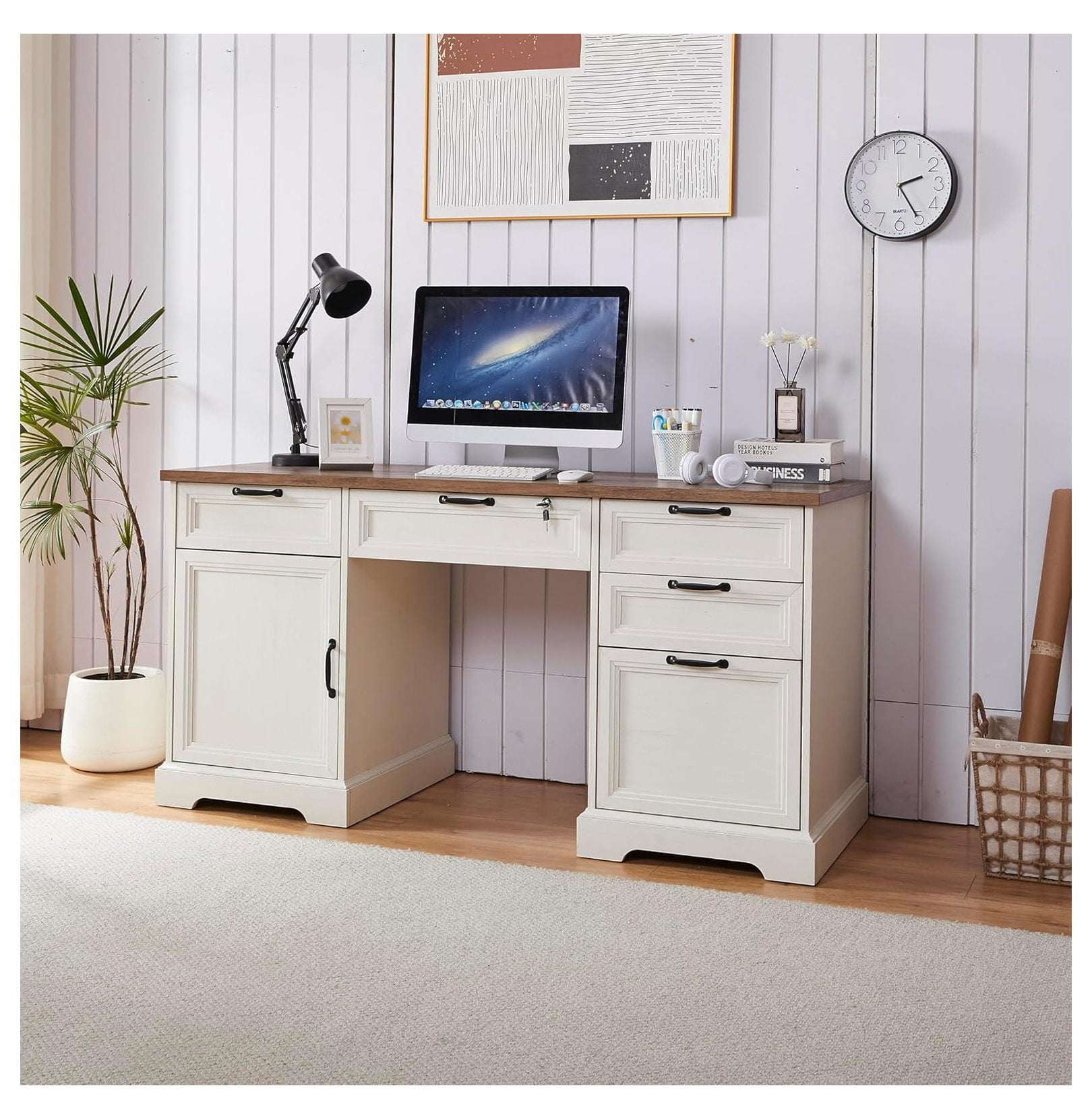 60" Farmhouse Executive Desk with Charging Station,Home Office Desk ...