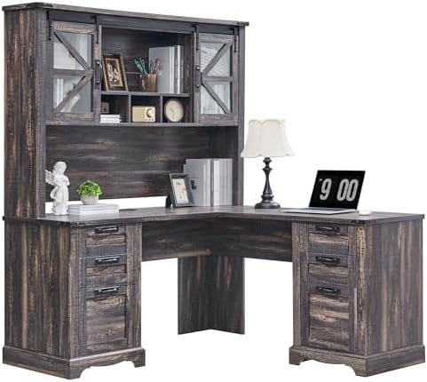 60" Farmhouse L Shaped Desk with Hutch, Wood Home Office Executive Desk ...