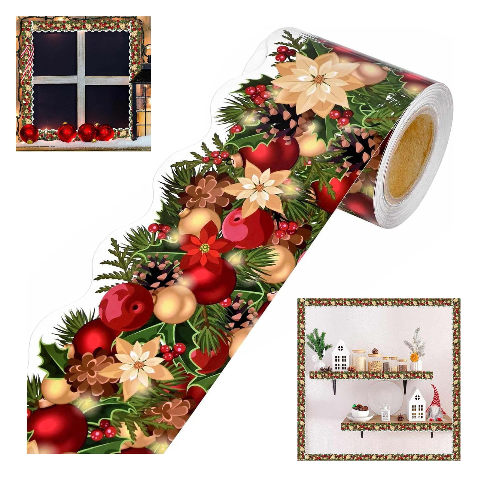 60 Feet Christmas Bulletin Board Borders, Poinsettias Pine Cones Pine ...