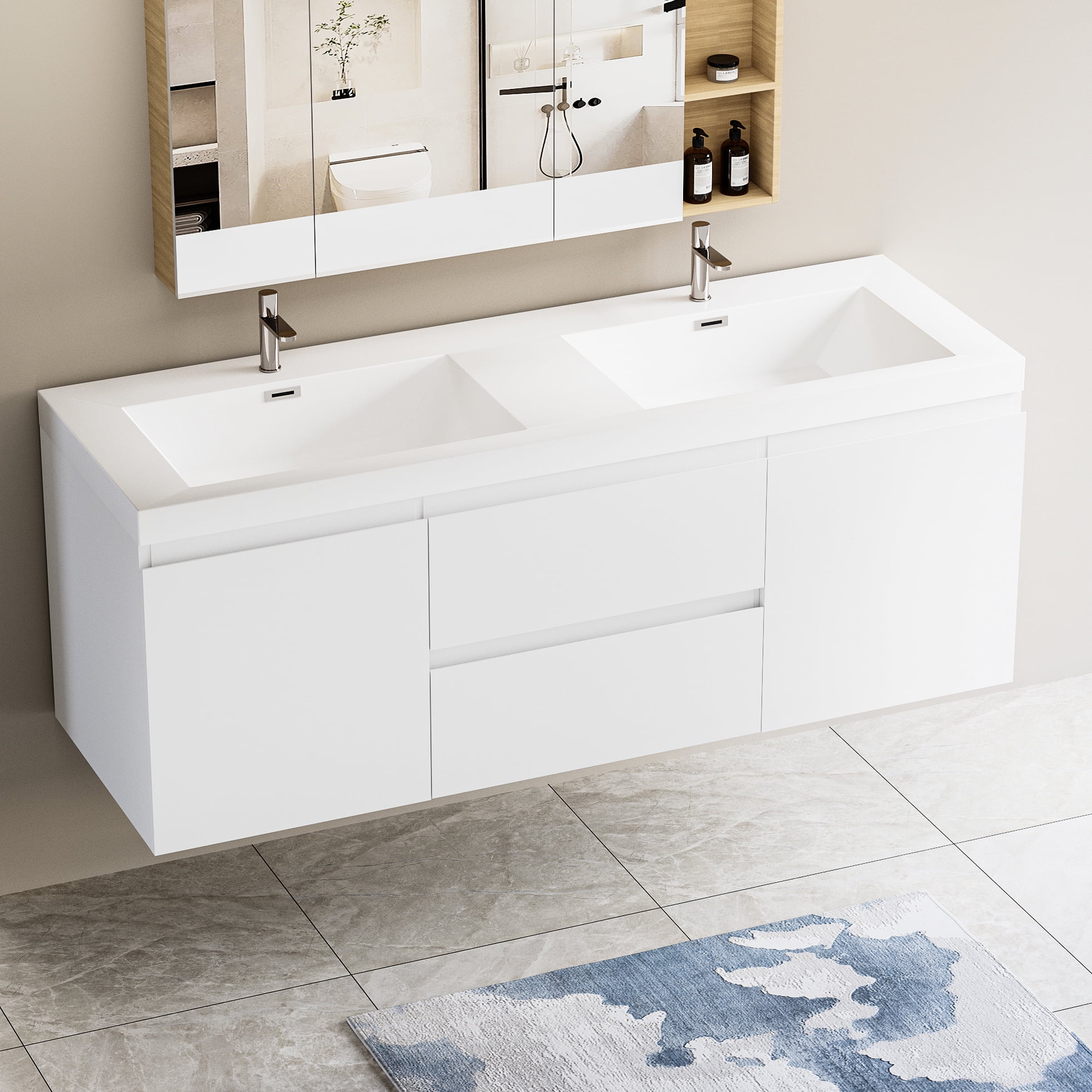 60" Floating Bathroom Storage Vanity With Double Sinks, Glossy White ...