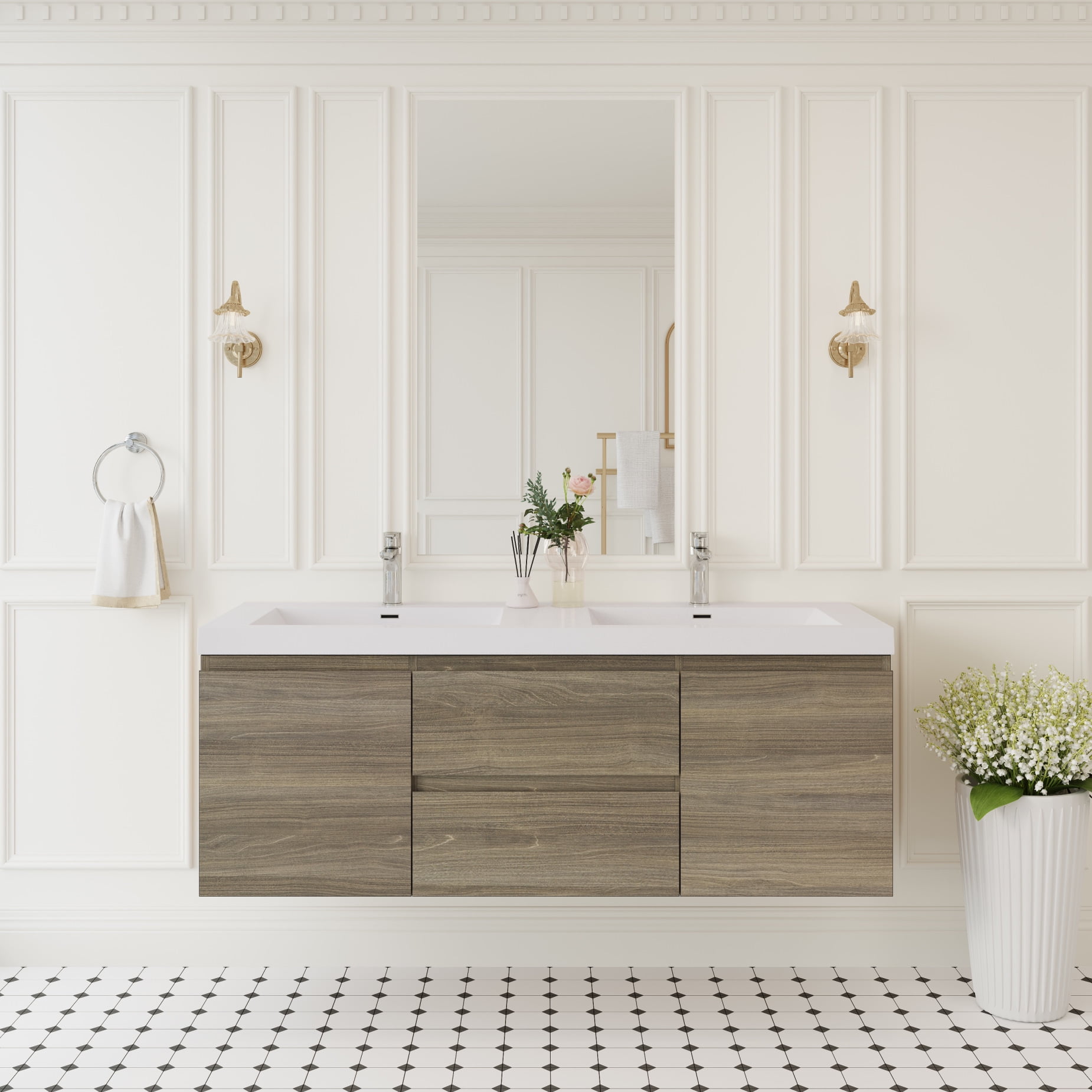 60" Floating Bathroom Vanity with Double Resin Sink Basins & Soft-Close ...