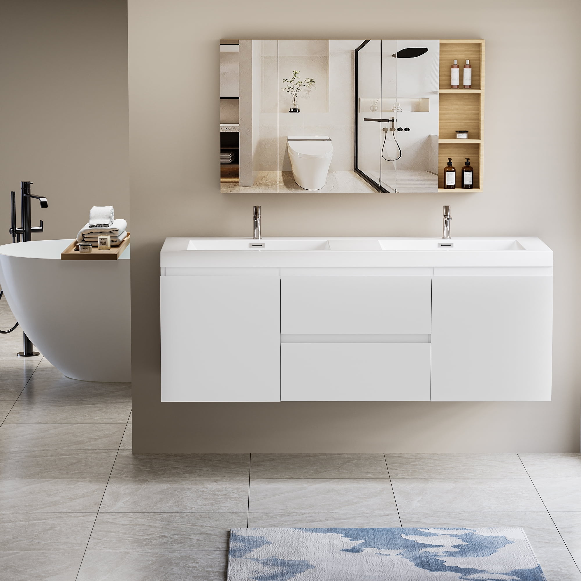 60“ Floating Bathroom Vanity with Sink, Modern Wall-Mounted Bathroom ...