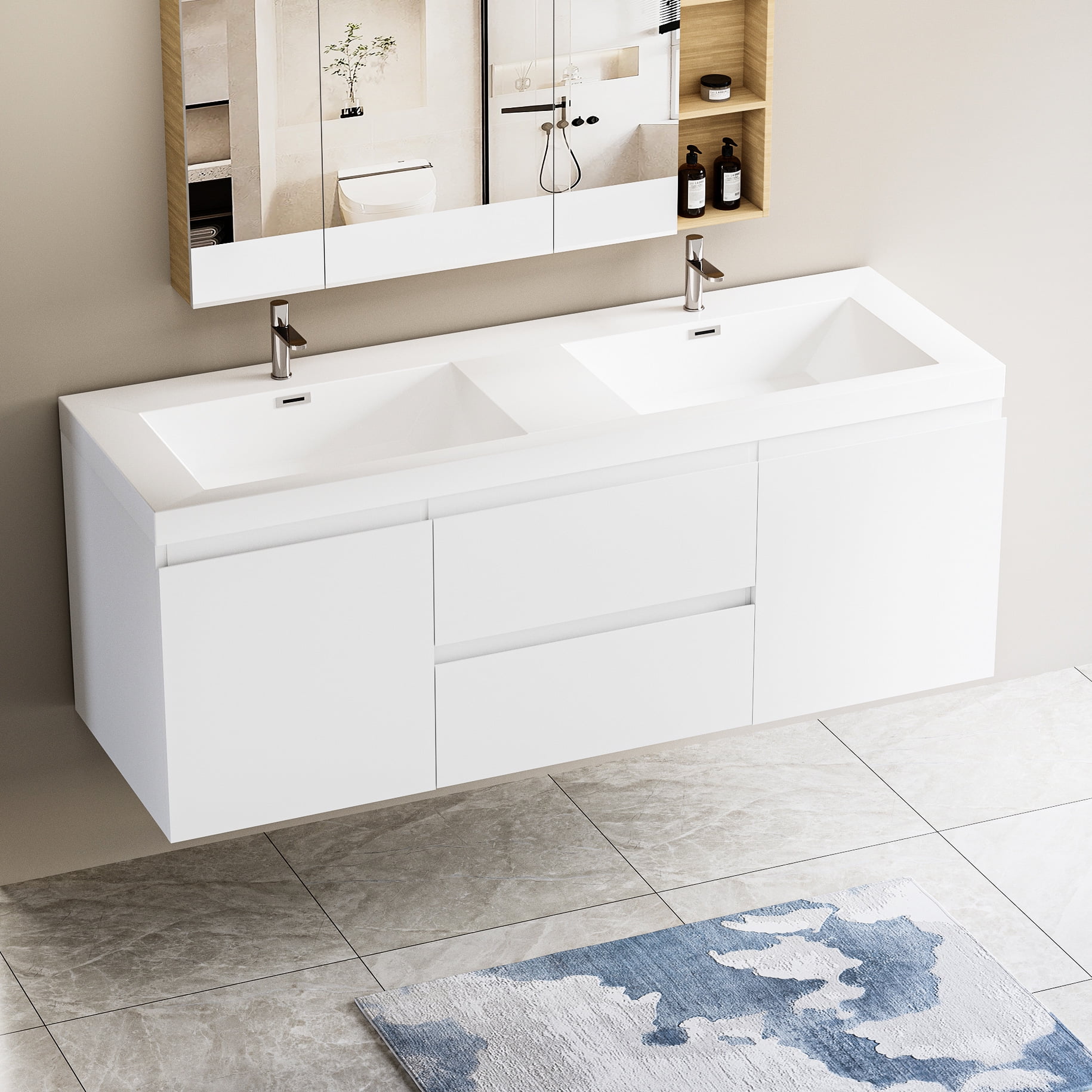 60" Floating Bathroom Vanity With Two Sinks, Glossy White Cabinet ...