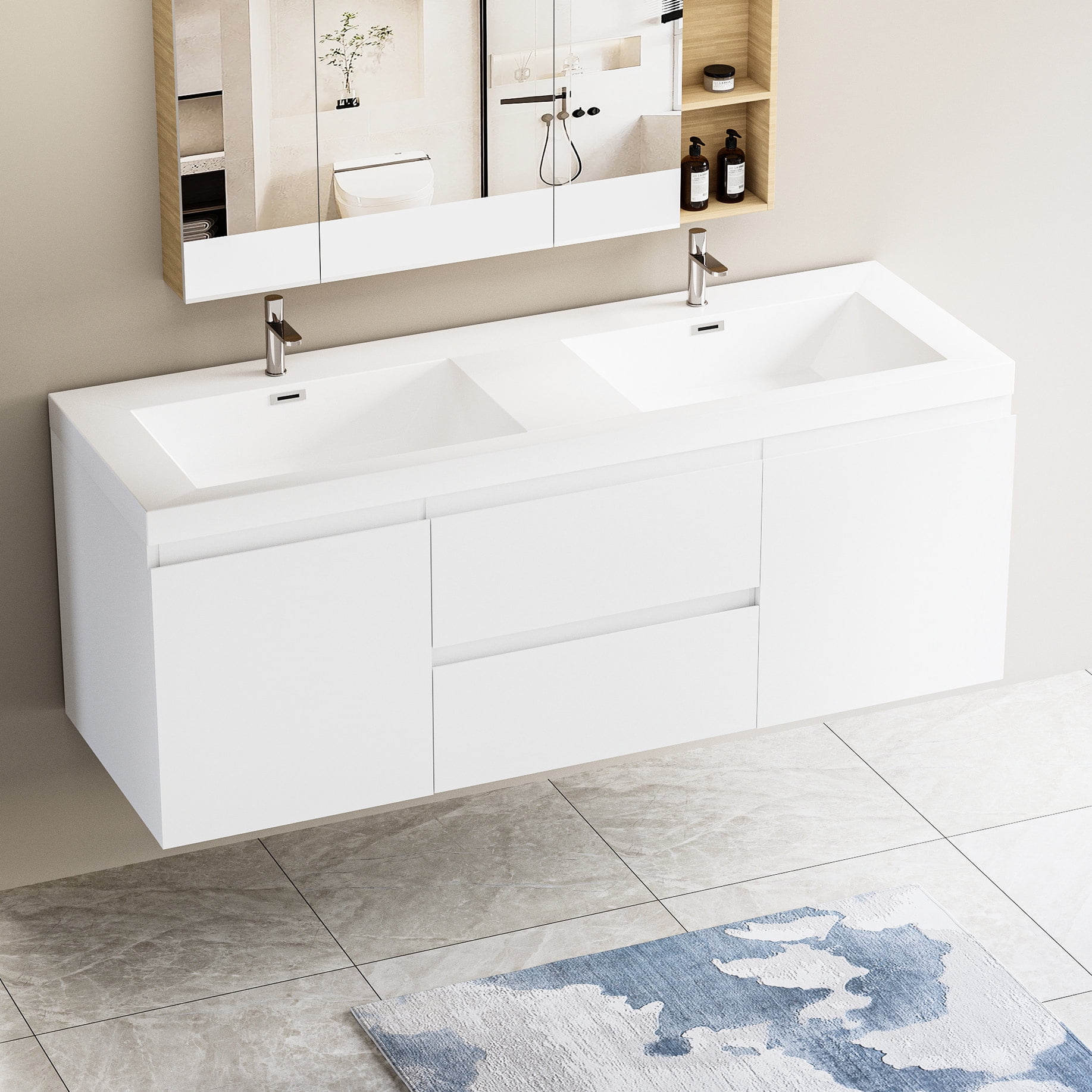 60" Floating Bathroom Vanity with Double Sinks | Premium Resin ...