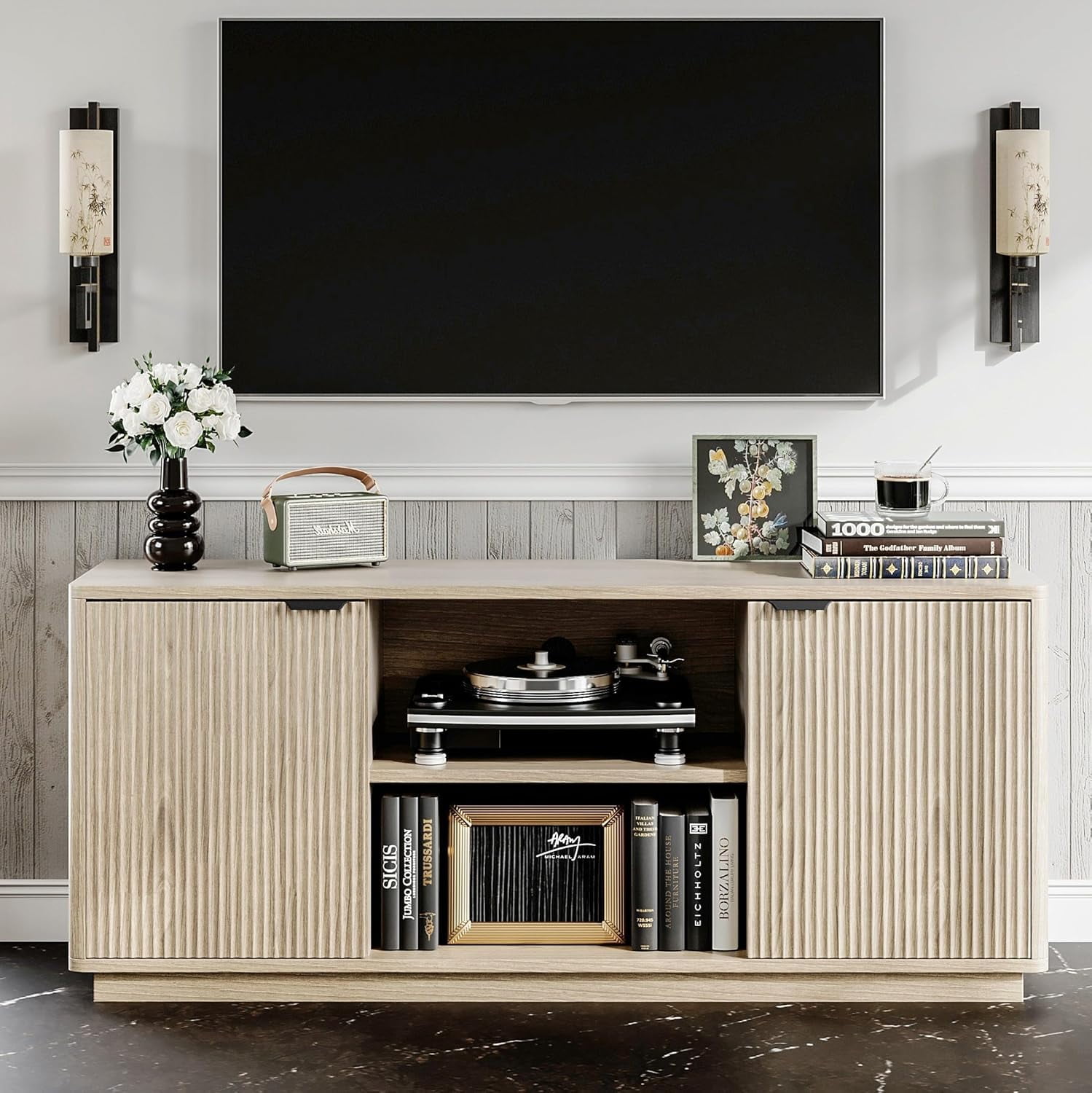 60'' Fluted TV Stand, Console Table, Mid Century Modern Curved TV ...