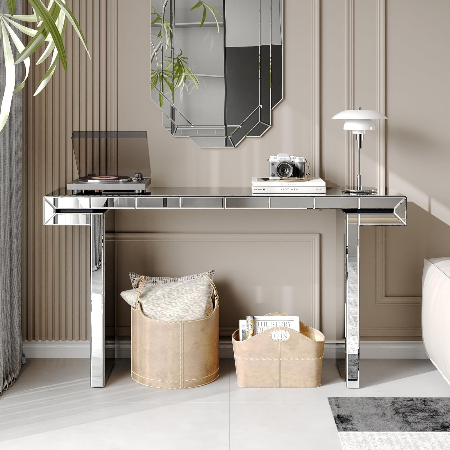 60'' Full Mirrored Console Table Entryway Desk for Living Room, Fluted ...