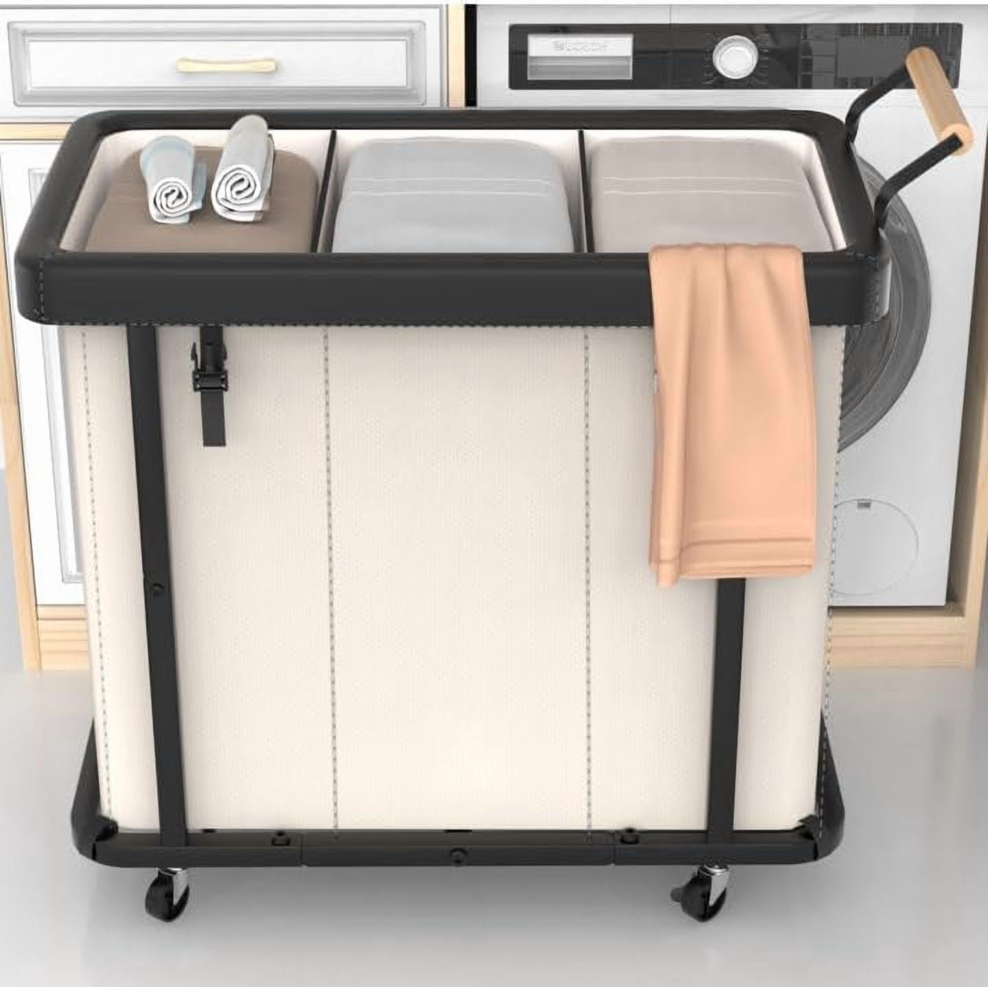 60 Gal (230L) Laundry Hamper 3 Section with Lid, Leather Patchwork ...