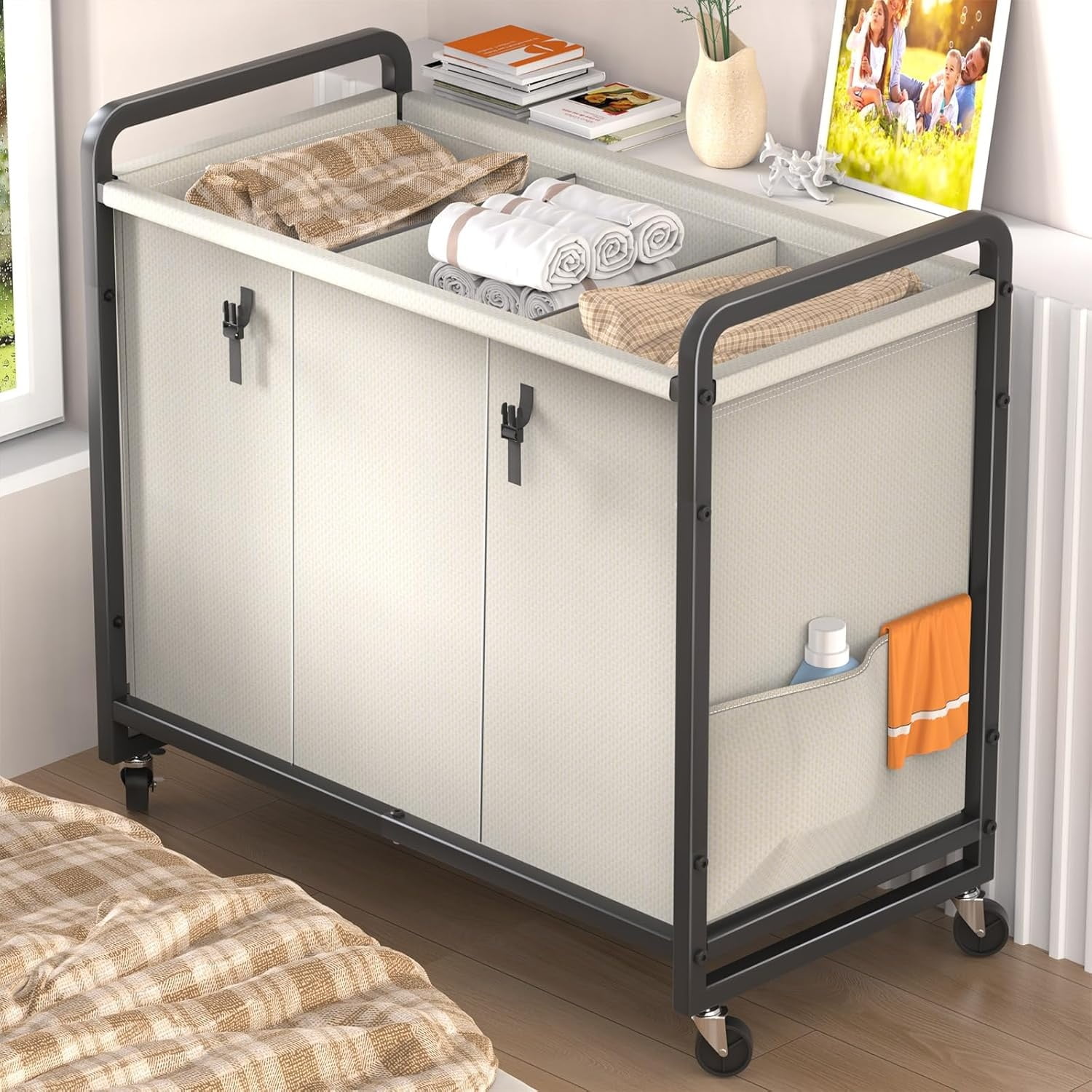 60 Gal (230L) Laundry Sorter 3 Section with Lid, Laundry Hamper Cart ...