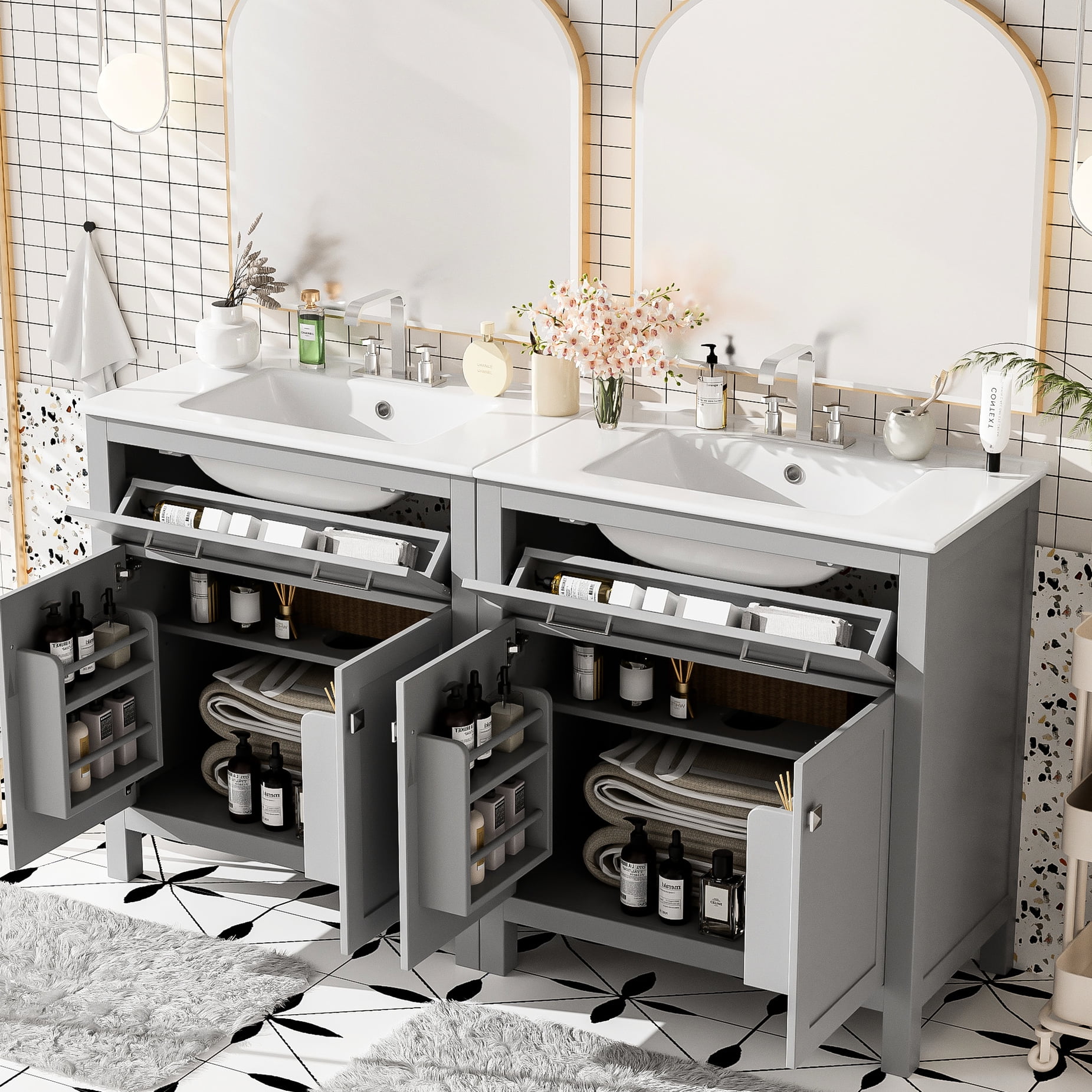 60" Gray Bathroom Cabinet | Double Vanities, 45 - Degree Drawer and ...