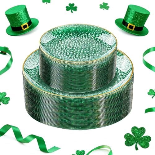 60 Green Plastic Plates, Hammered Clear and Gold Disposable Plates ...