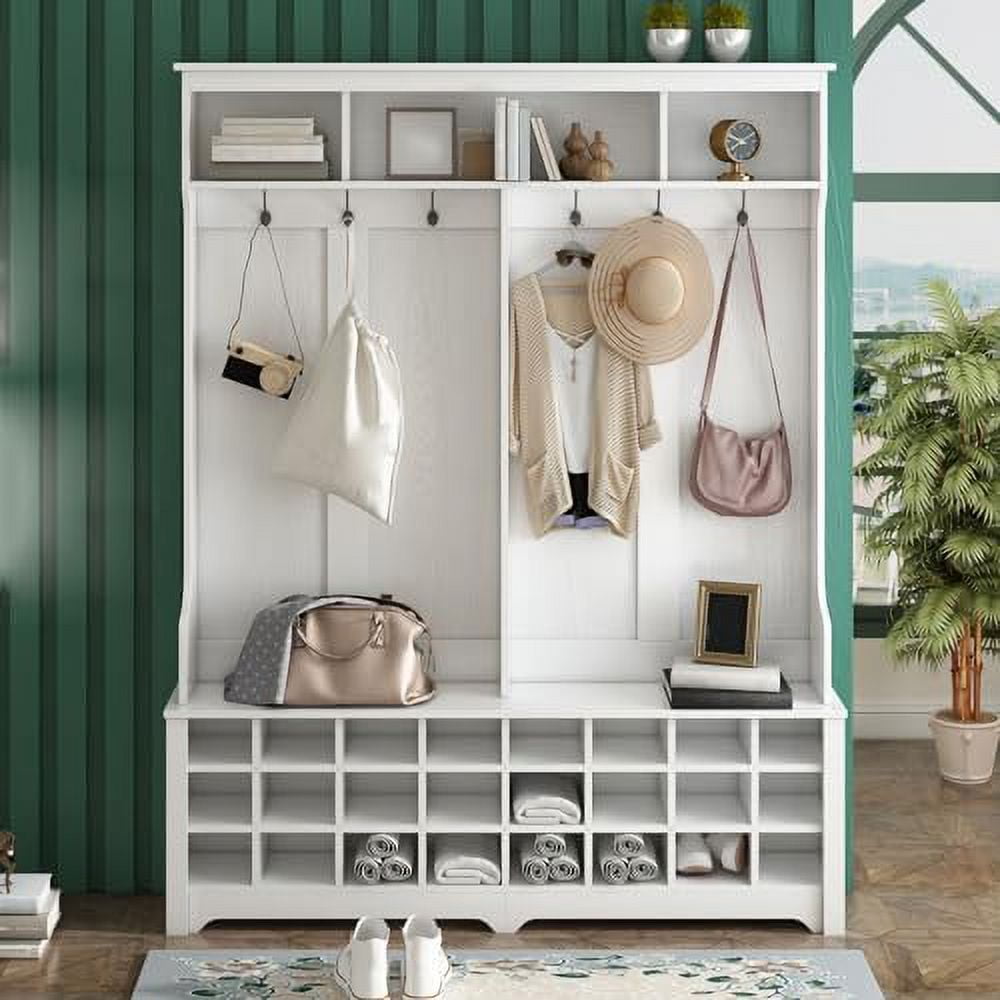 60" Hall Tree Modern Hallway Coat Rack With Metal Hooks 24 Shoe Cubbies ...