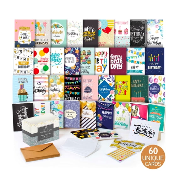 Primedaycard, 60 Happy Birthday Cards, 5x7 Bulk with Envelopes ...