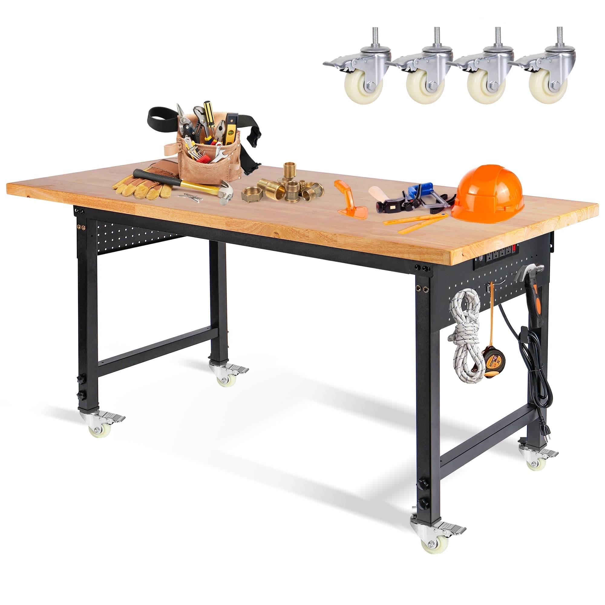 60" Heavy-Duty Adjustable Workbench, Rubber Wood Shop Table with Wheels ...