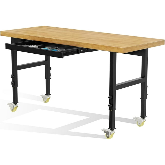 Odaof 60” Solid Wood Workbench, Work Table with Wheels, Drawers ...