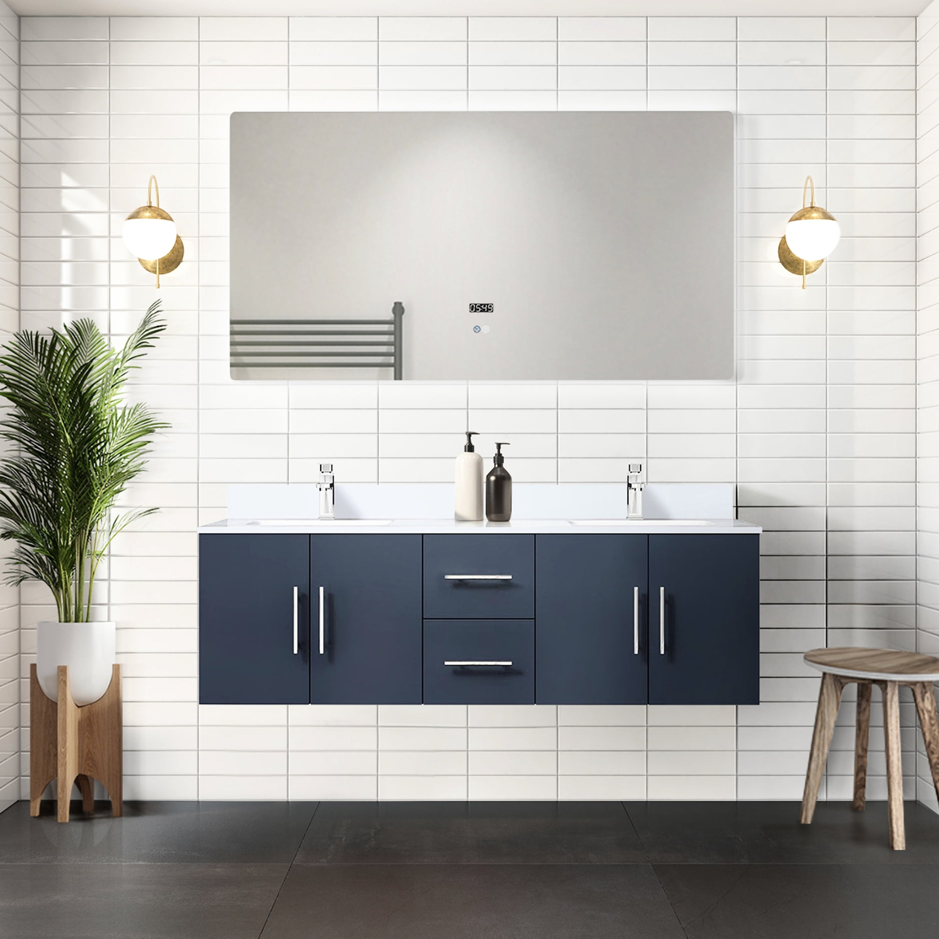 60 In. Led Mirror And Navy Blue Vanity With Marble Top - Two Shelves ...