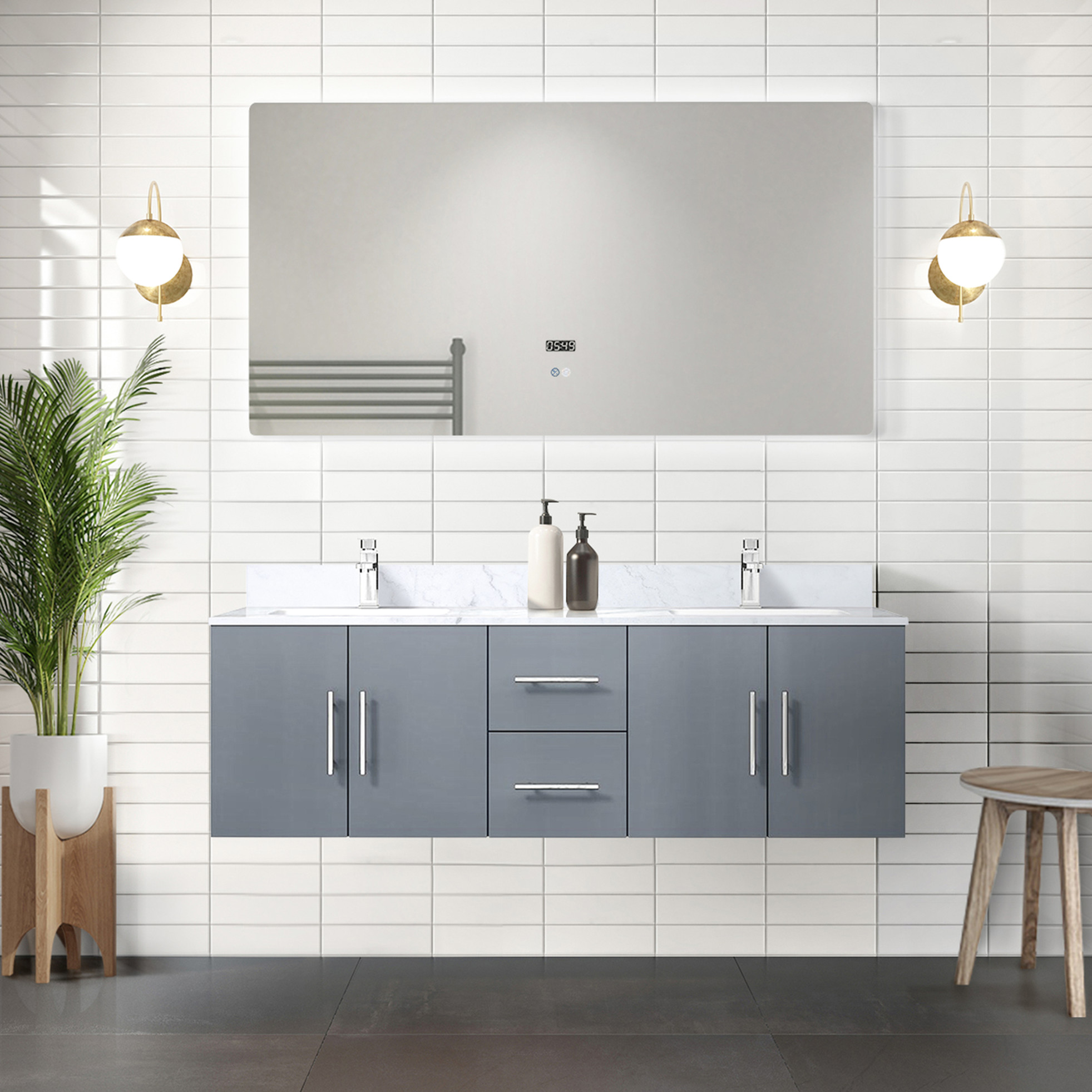60 In. Led Mirror And Dark Grey Double Bath Vanity With Marble Surface ...
