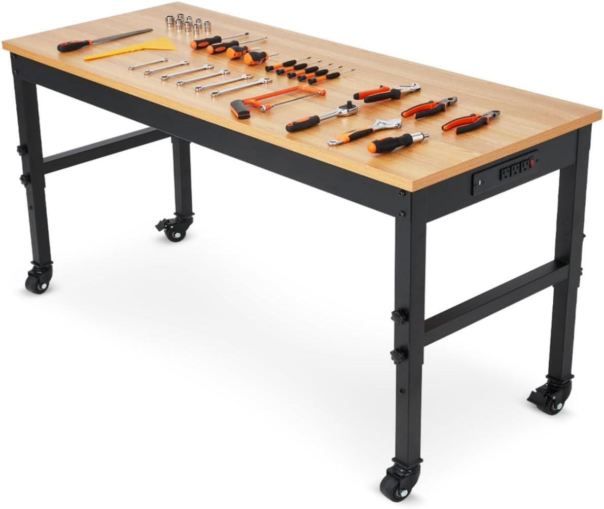 60 In Rolling Adjustable Workbench with Heavy-Duty Rubberwood Top and ...