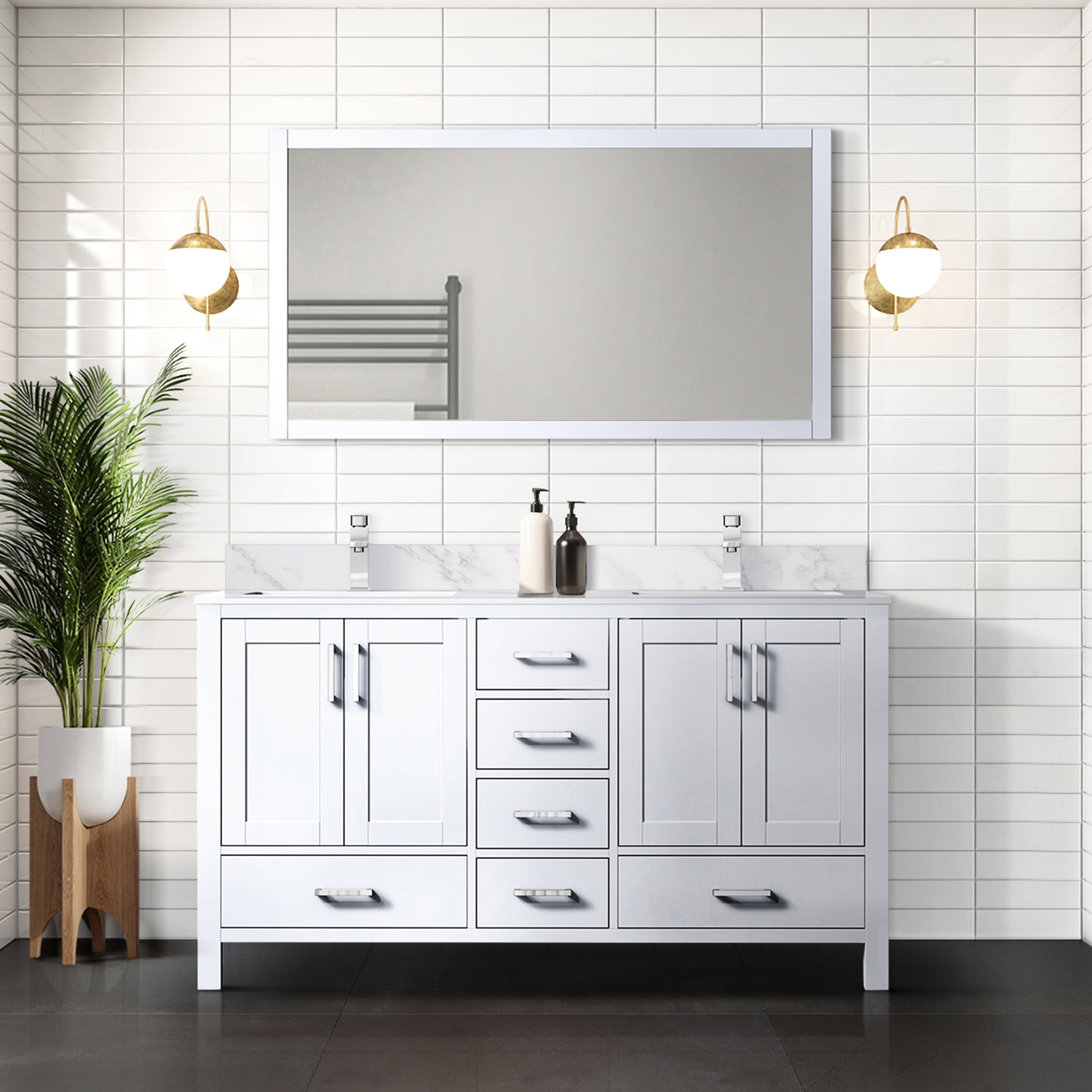60 In. W Bath Vanity, White With Marble Top & Build Double Vanity ...
