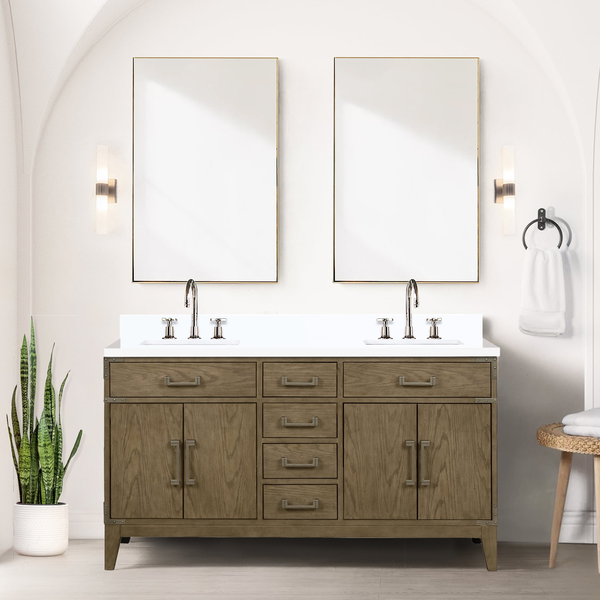 60 In. W Grey Oak Double Bath Vanity With White Quartz Top And Faucet ...