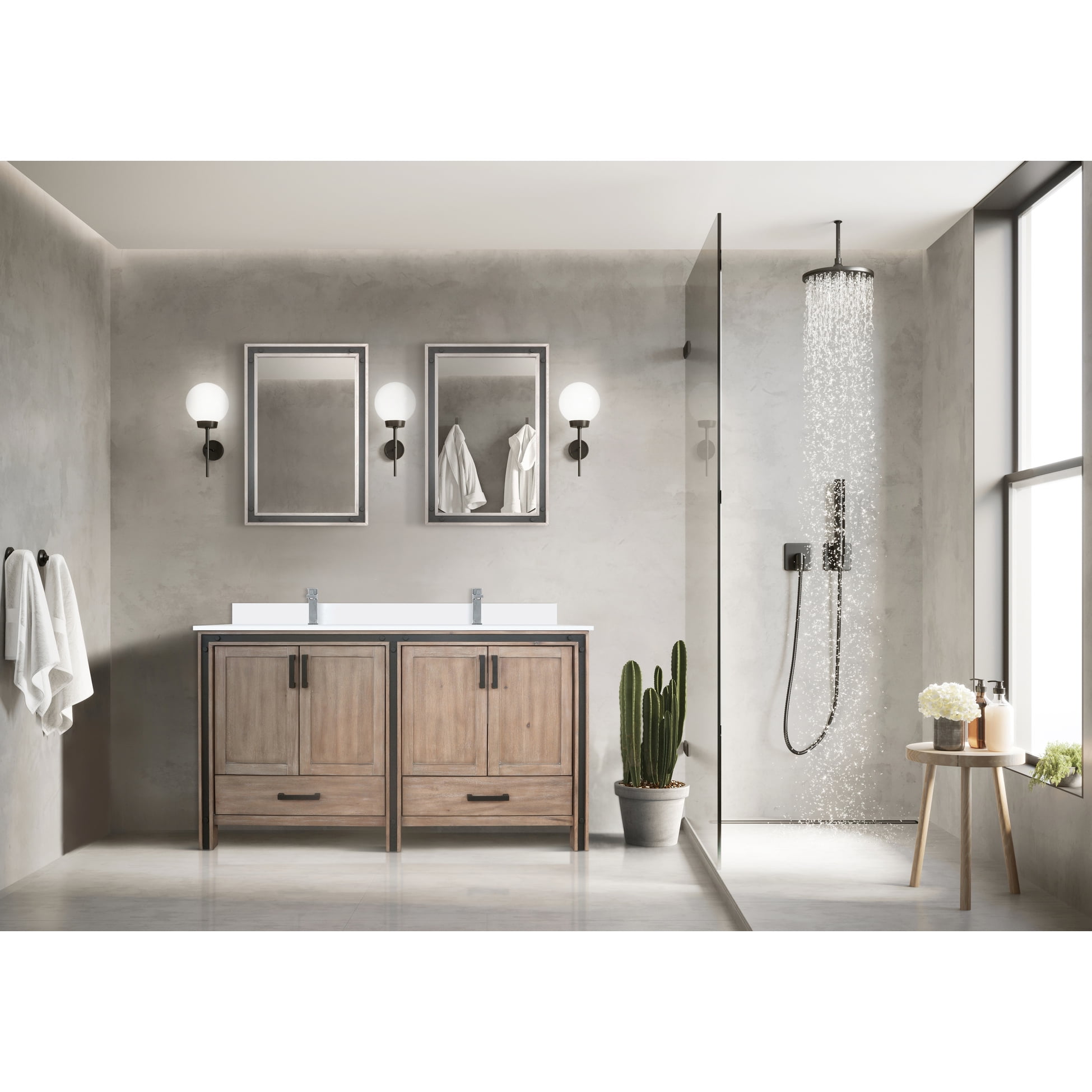 60 In. W Rustic Double Bath Vanity - Mirrors 22 Two Cabinets And ...