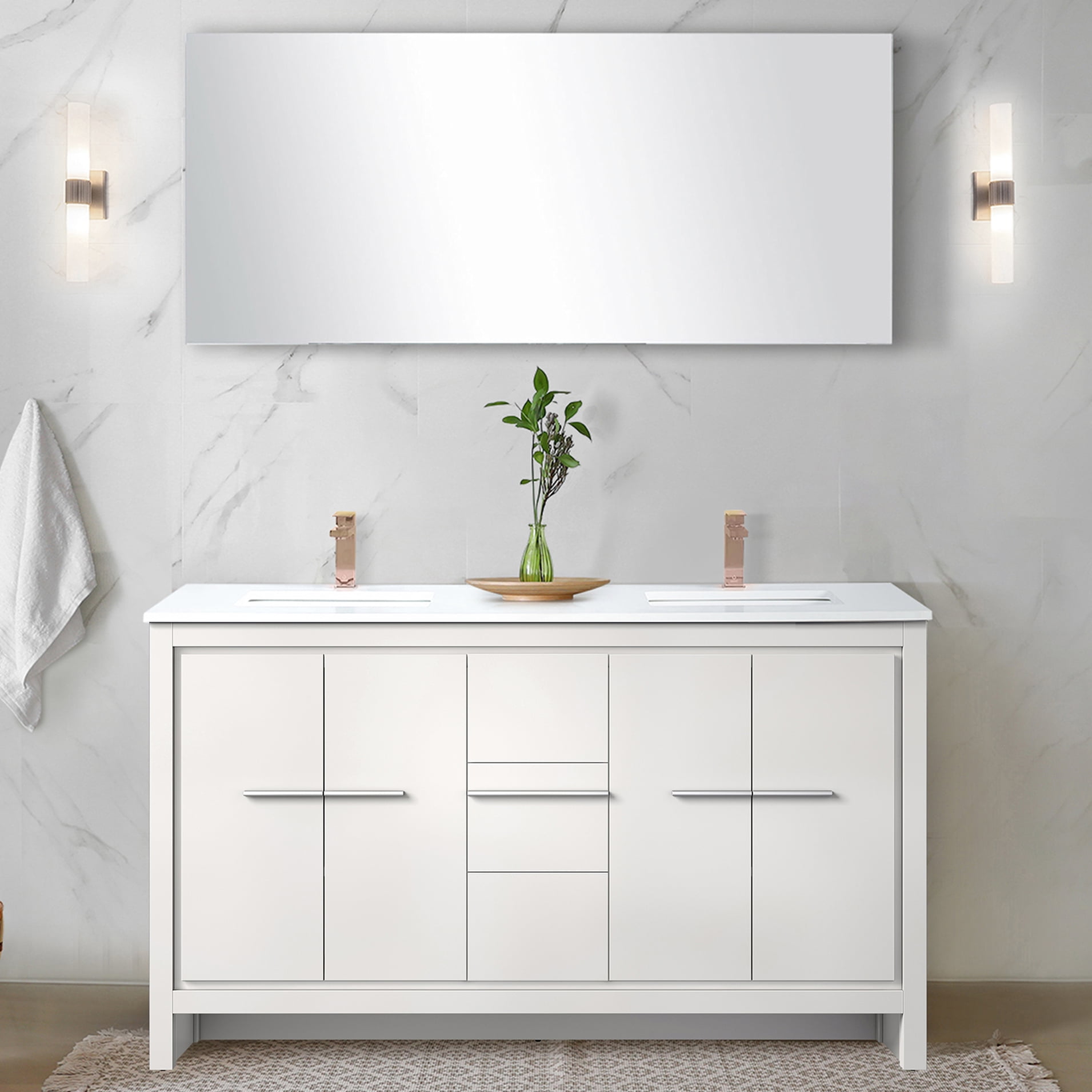 60 In. W X 20 D White Vanity With Cultured Marble Surface, Rose Gold ...
