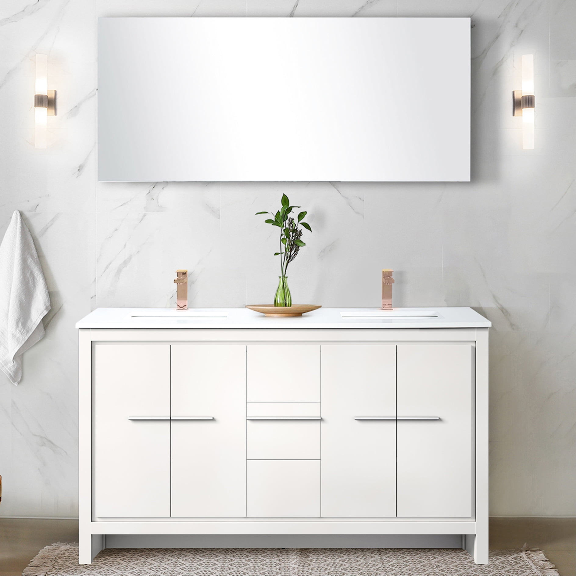 60 In. W X 20 D White Vanity With Marble Top And Rose Gold Faucet ...