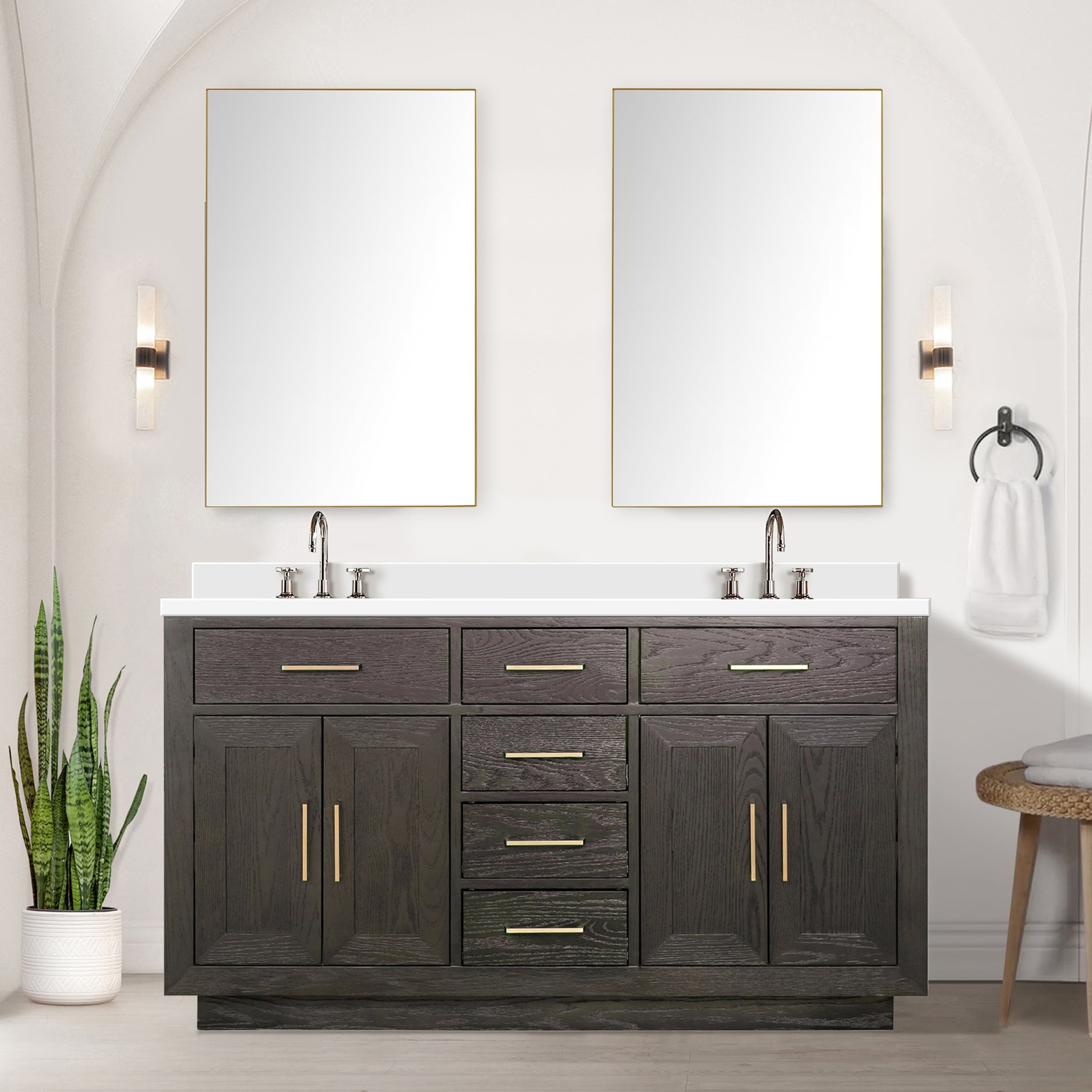 60 In W X 22 D Brown Oak Vanity - Cultured Marble Surface, Solid Wood ...