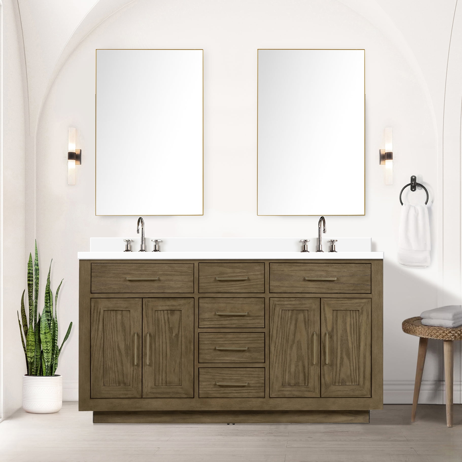 60 In. W X 22 D Grey Oak Double Bath Vanity With Cultured Marble Top ...
