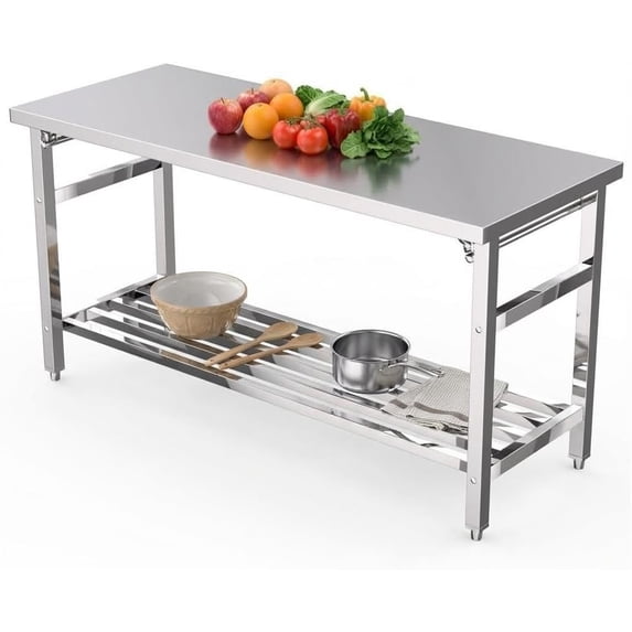 60 In x24 In Commercial Stainless Steel Folding Prep Table 2-Tier Heavy ...