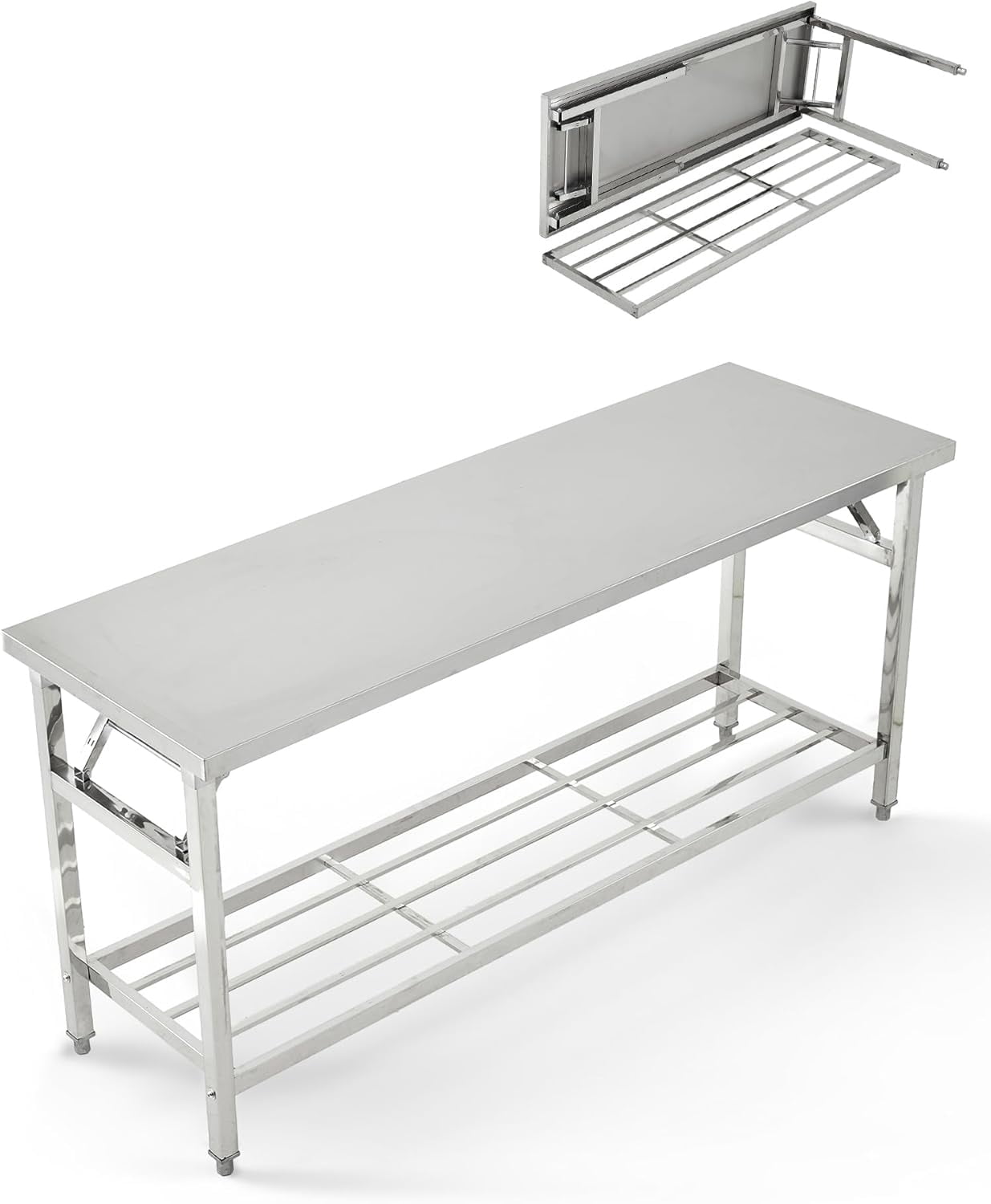 60 In x30 In Commercial Stainless Steel Folding Table with Bottom Shelf ...