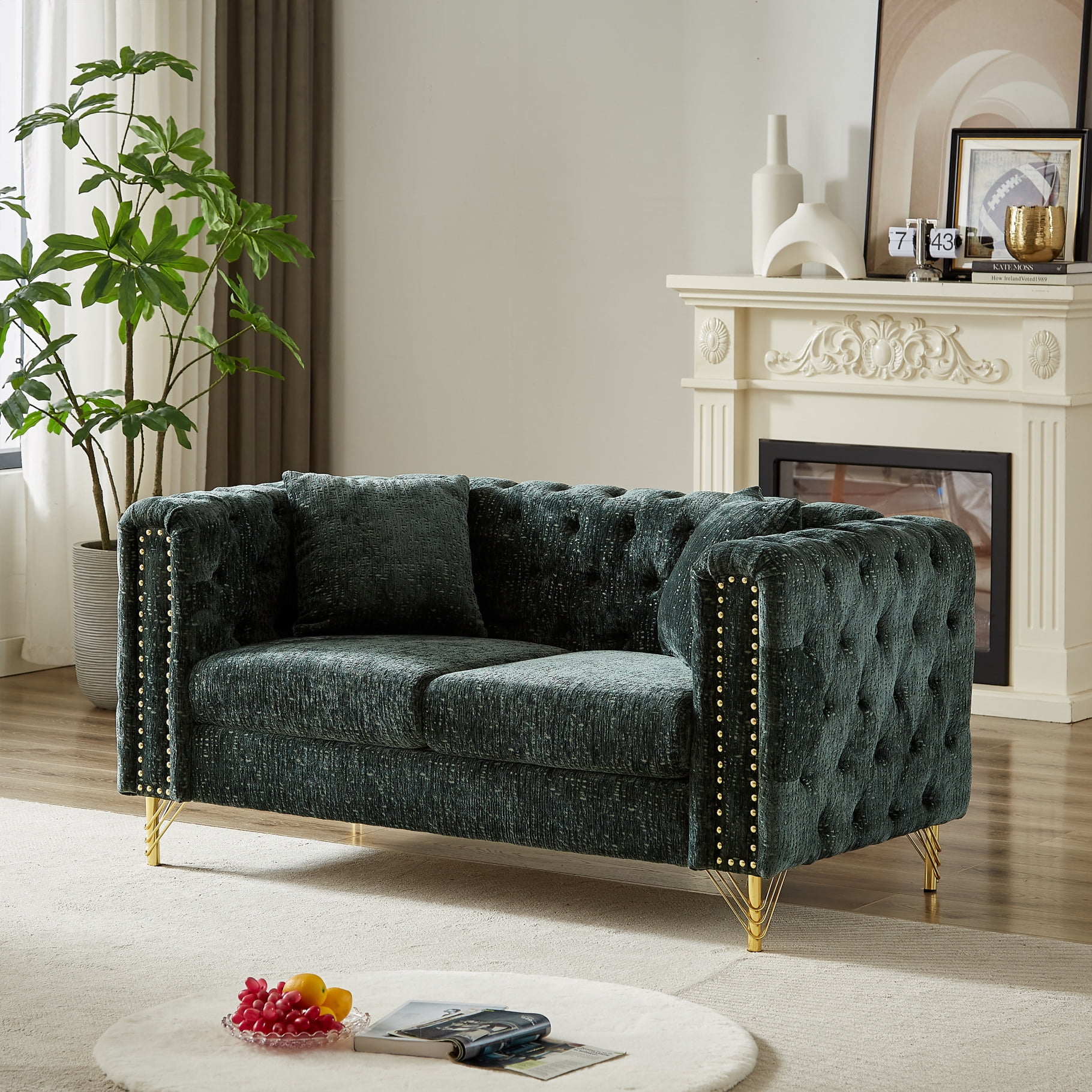 60-Inch 2-Seater Chenille Pull Buckle Design Sofa with Gold Metal Feets ...