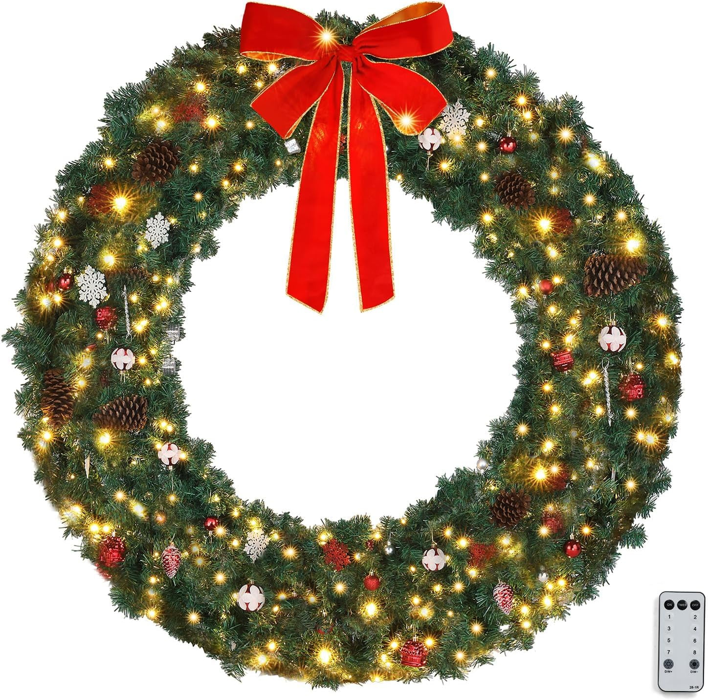 60-Inch 220-LED 600-Branch Pre-Lit Outdoor Christmas Wreath with Remote ...