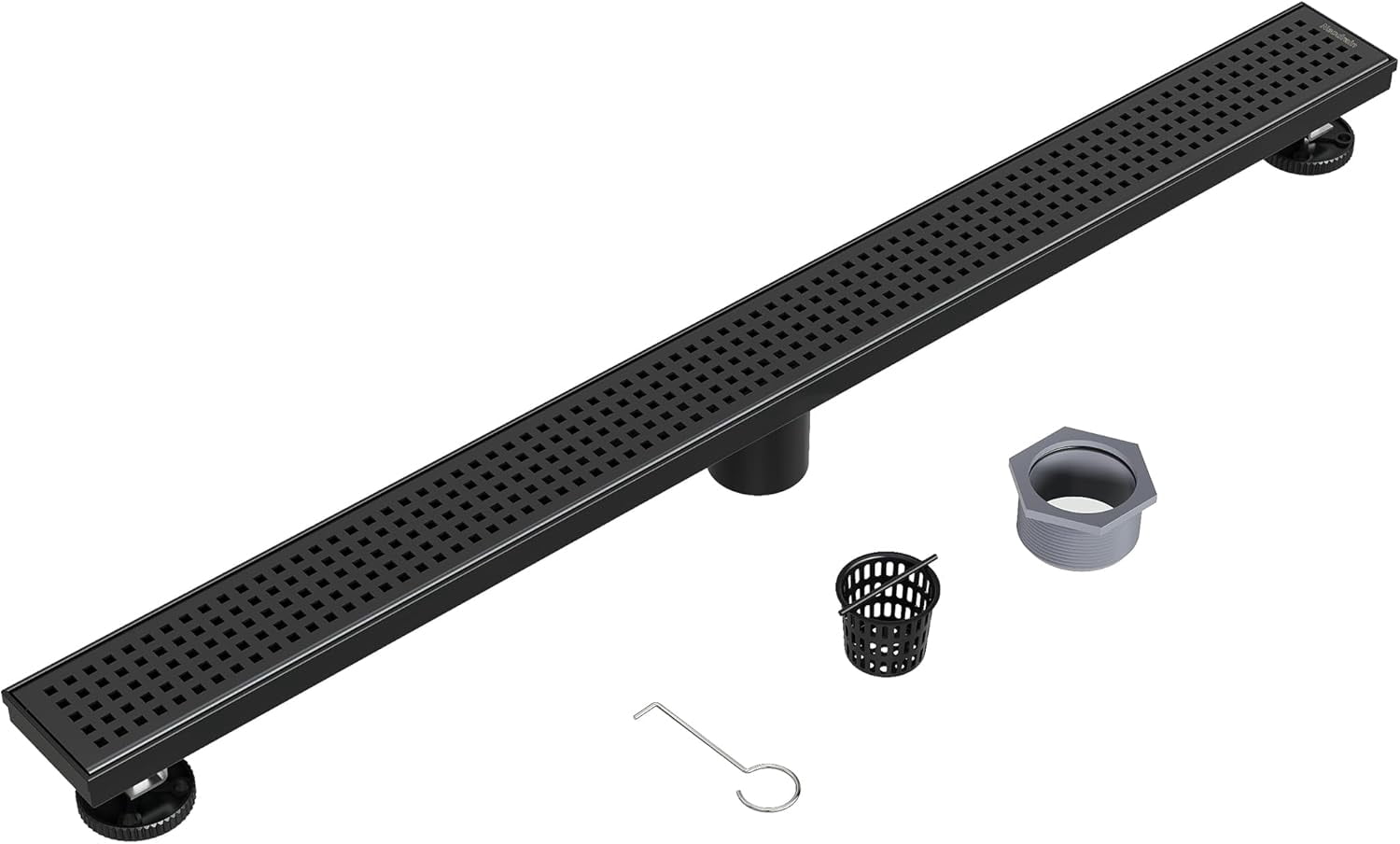 60-Inch Black Linear Shower Drain with Removable Quadrato Pattern Grate ...