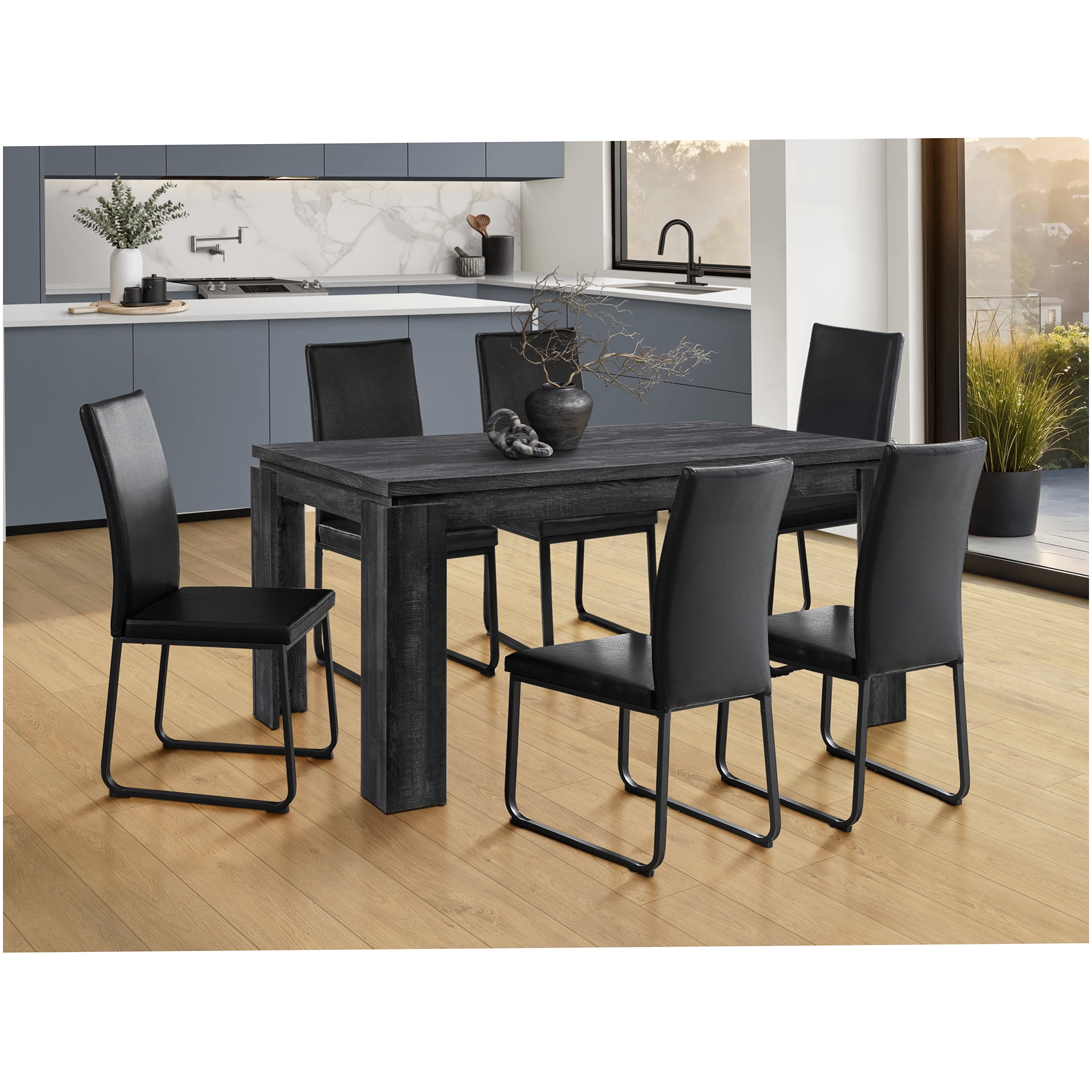 60 Inch Black Modern Dining Table with Reclaimed Wood Look & Block Legs ...