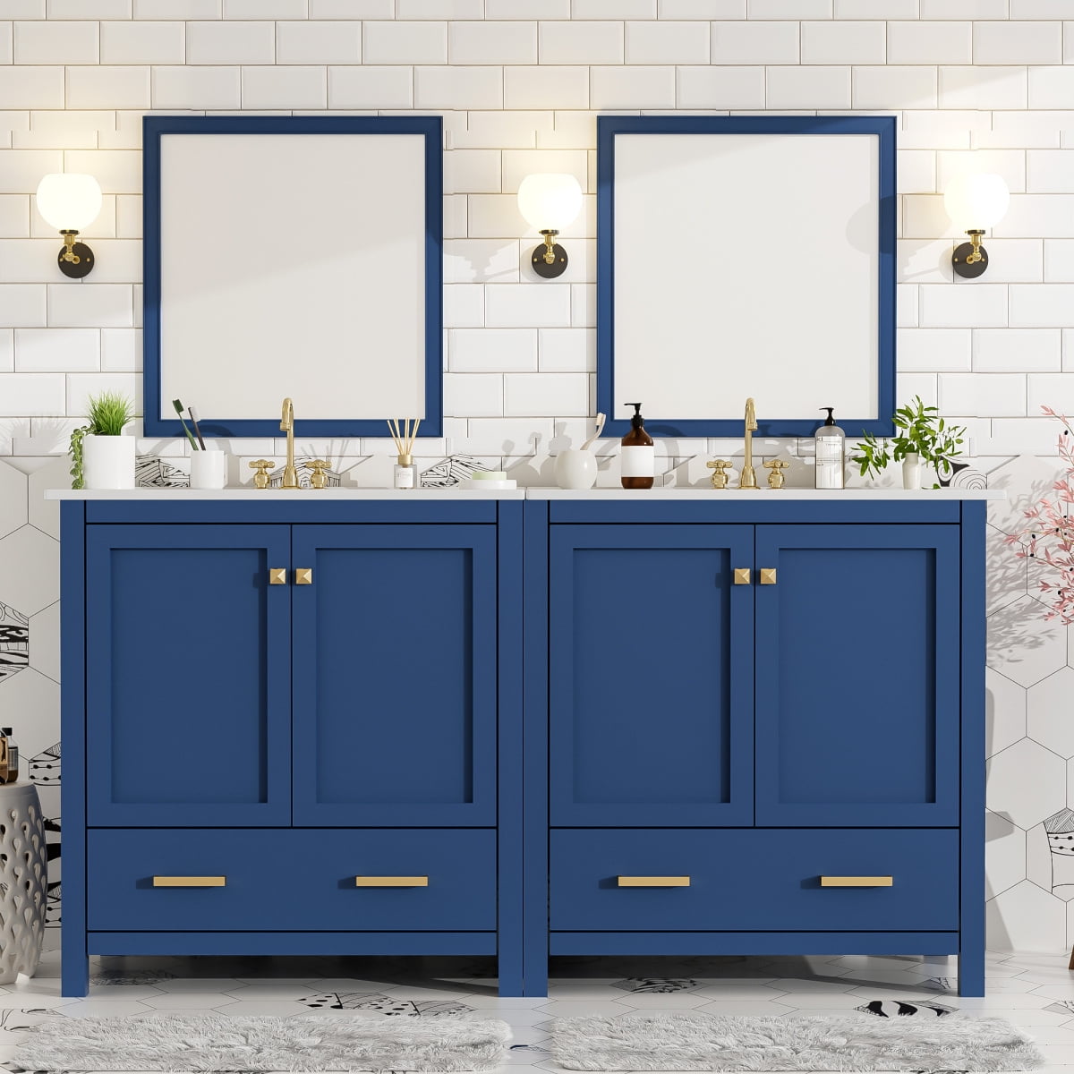 60-Inch Blue Double Vanity Set with Separate Cabinets, Dual Ceramic ...