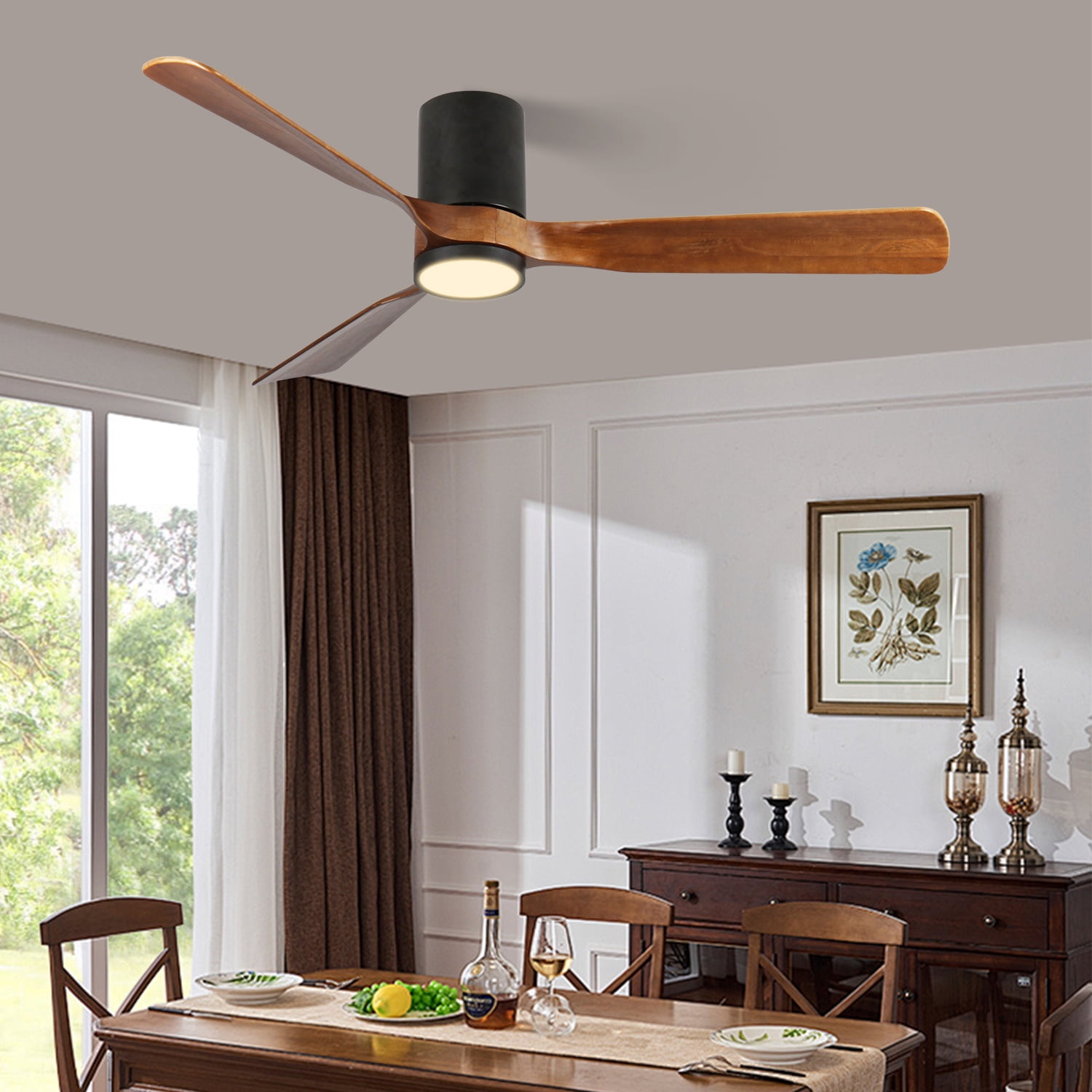 60 Inch Ceiling Fan with LED Light and Wood Blades –Indoor/Outdoor ...