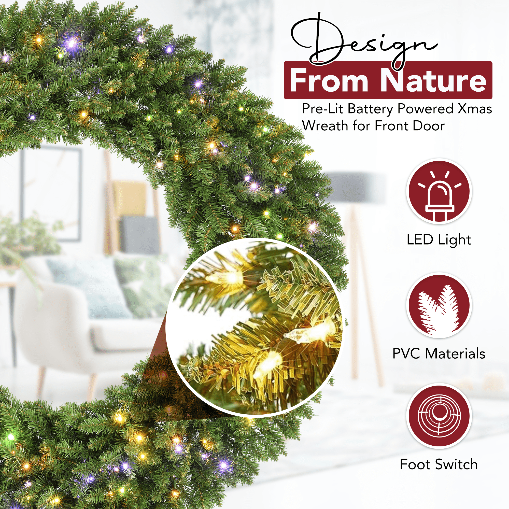 60 Inch Christmas Wreath, Pre Lit Christmas Wreath with 300 Lights ...