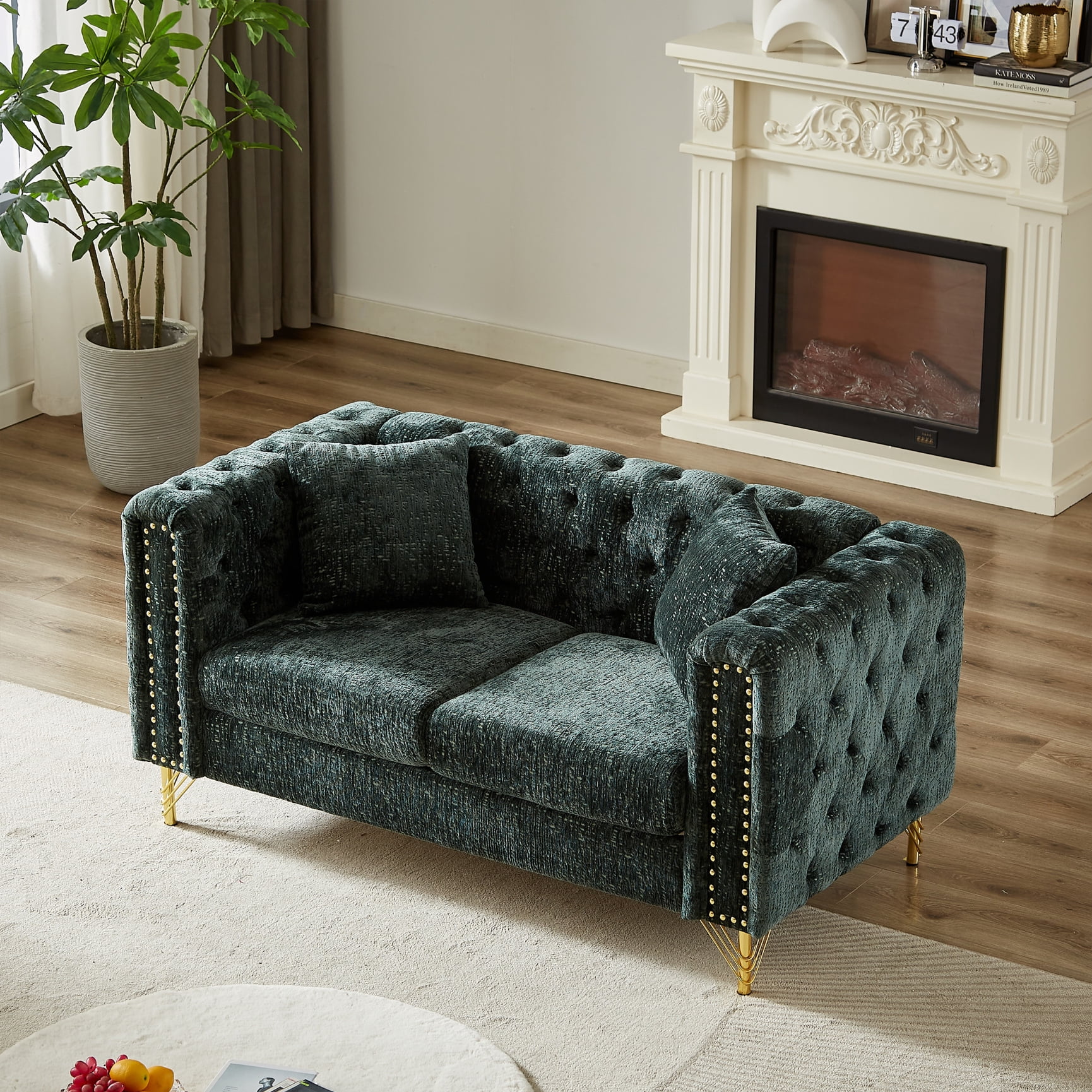 60 Inch Classic Chesterfield Chenille Sofa with Copper Nail Decoration ...