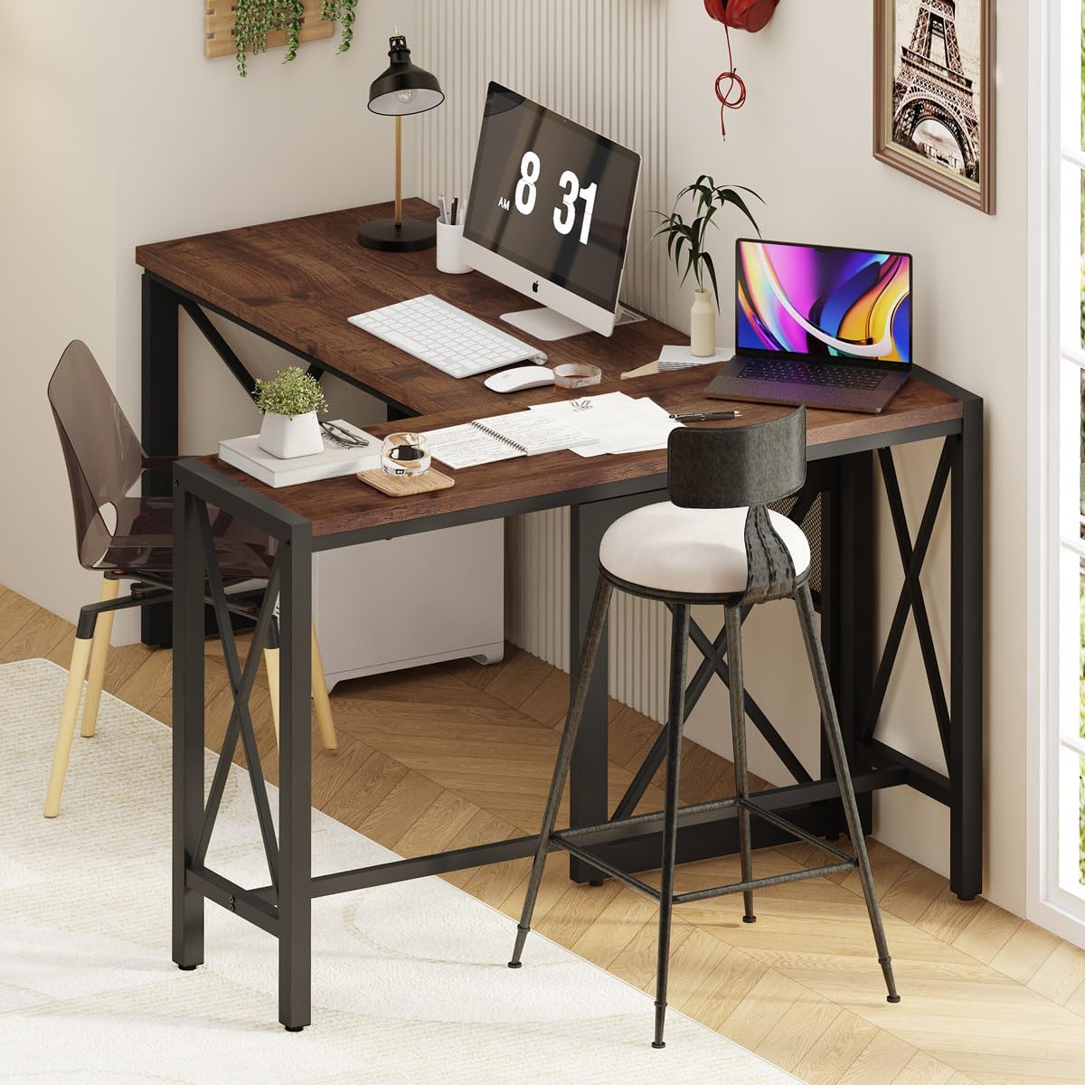 60 Inch Computer Desk for Home Office, Industrial Metal Wood Desk, Bar ...
