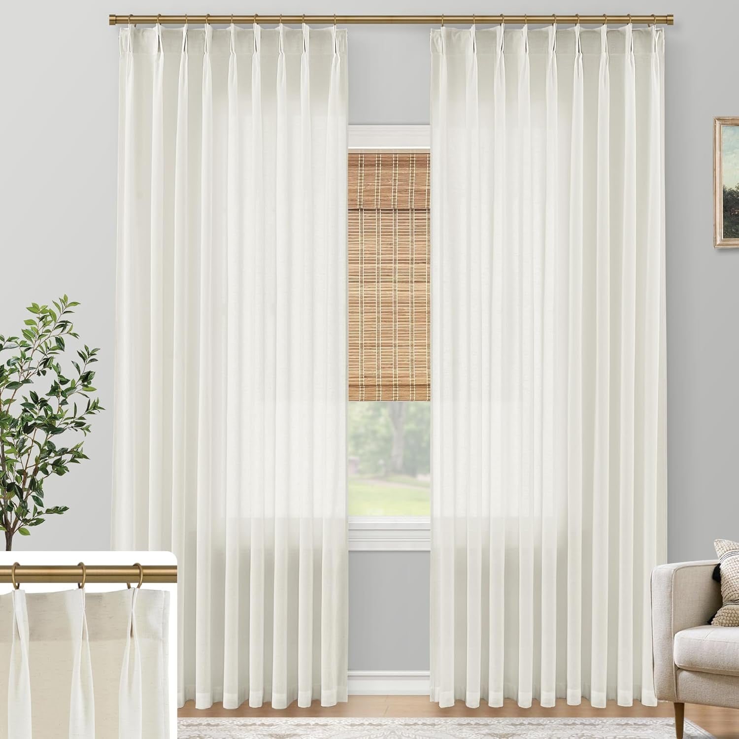 60 Inch Extra Wide Curtains,2 Panels Set Linen Pinch Pleated Sheer ...