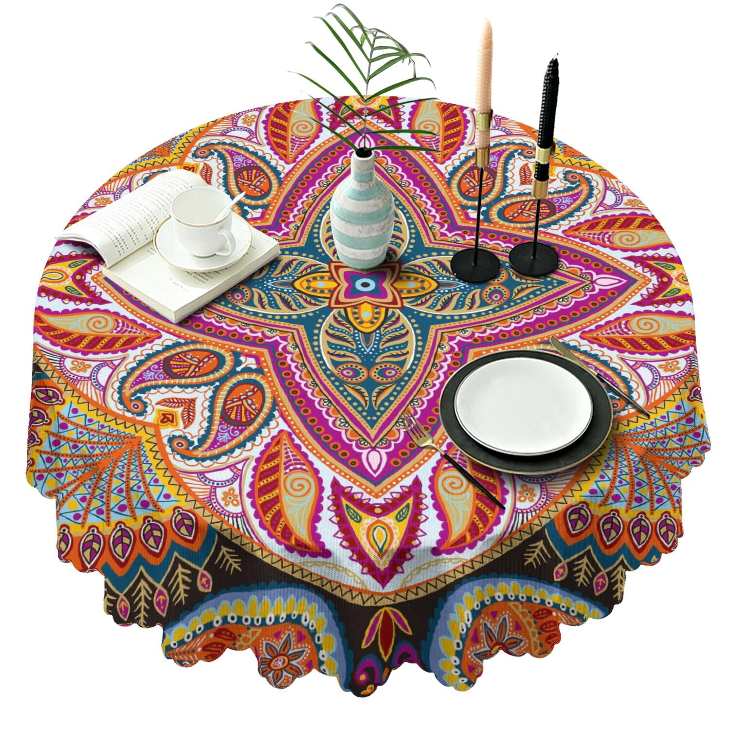 60 Inch Intricate Paisley Print Round Tablecloth Table Cover Colorful ...