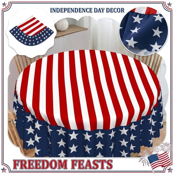 60 Inch Round 4th of July Tablecloth – Patriotic Red White Blue Star ...