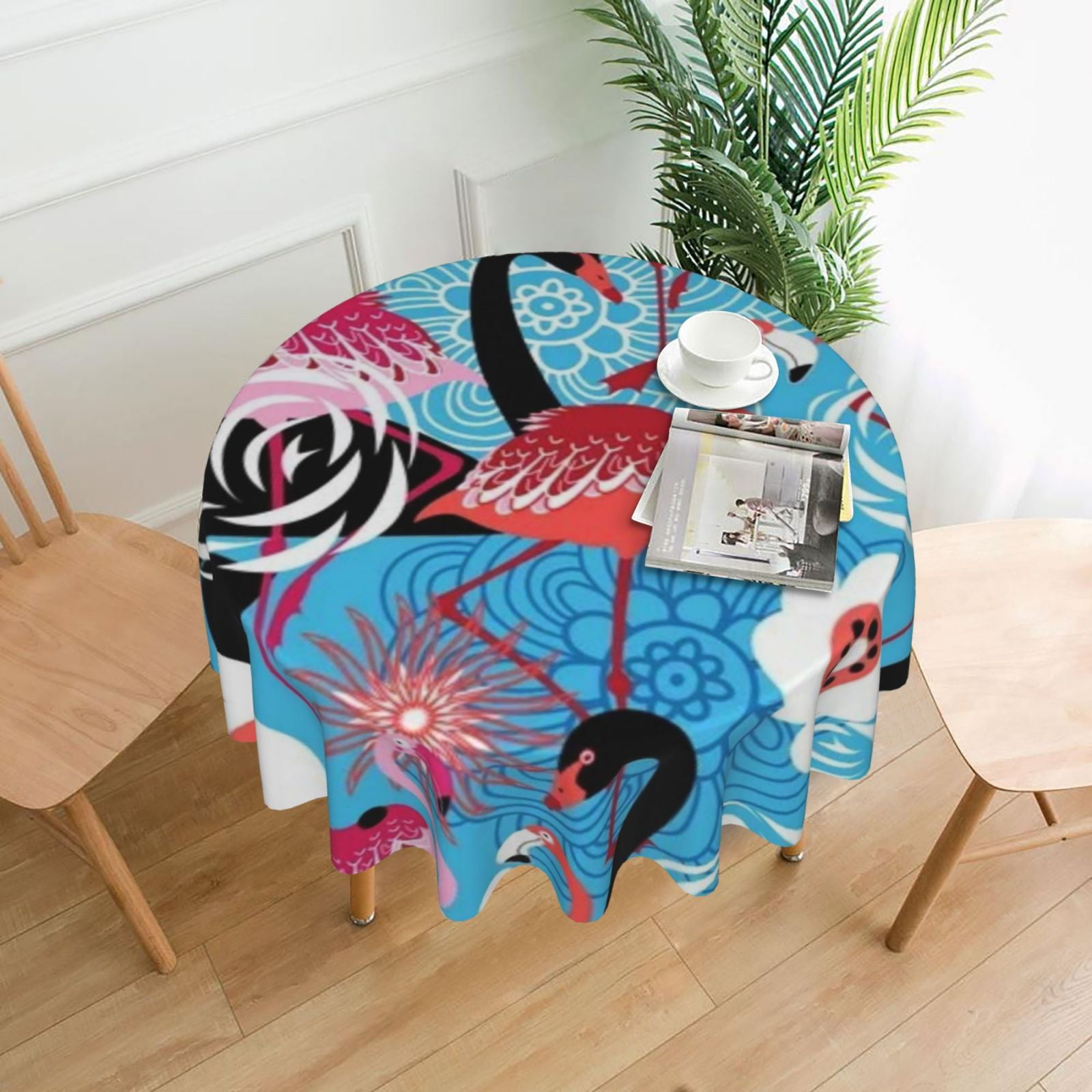 60 Inch Round Tablecloth – Waterproof, Stain-Resistant, Floral Flamingo ...