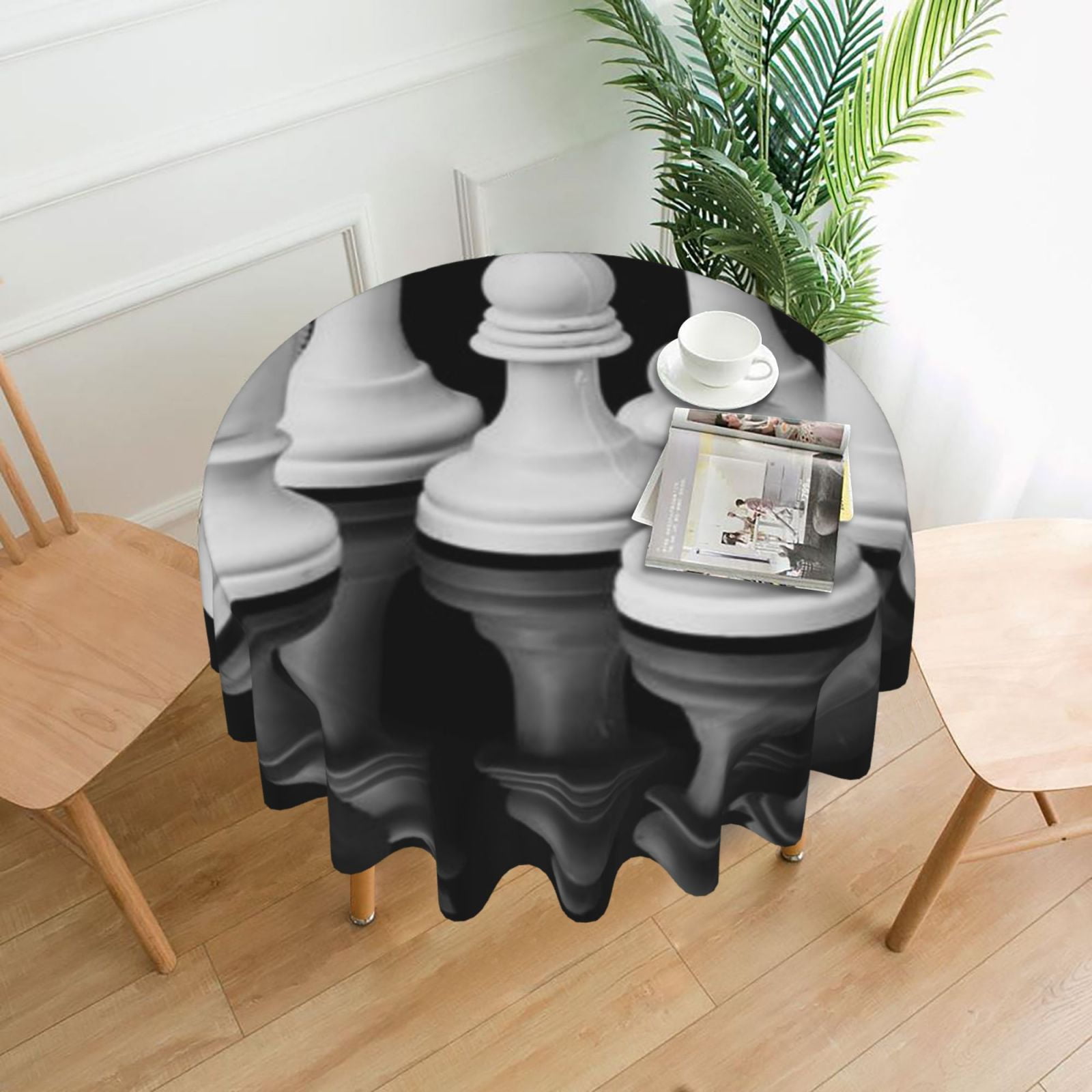 60 Inch Round Tablecloth – Waterproof, Stain-Resistant, White Chess ...