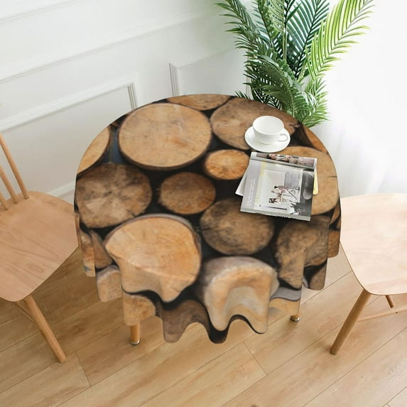 60 Inch Round Tablecloth – Waterproof, Stain-Resistant, Wood Logs ...
